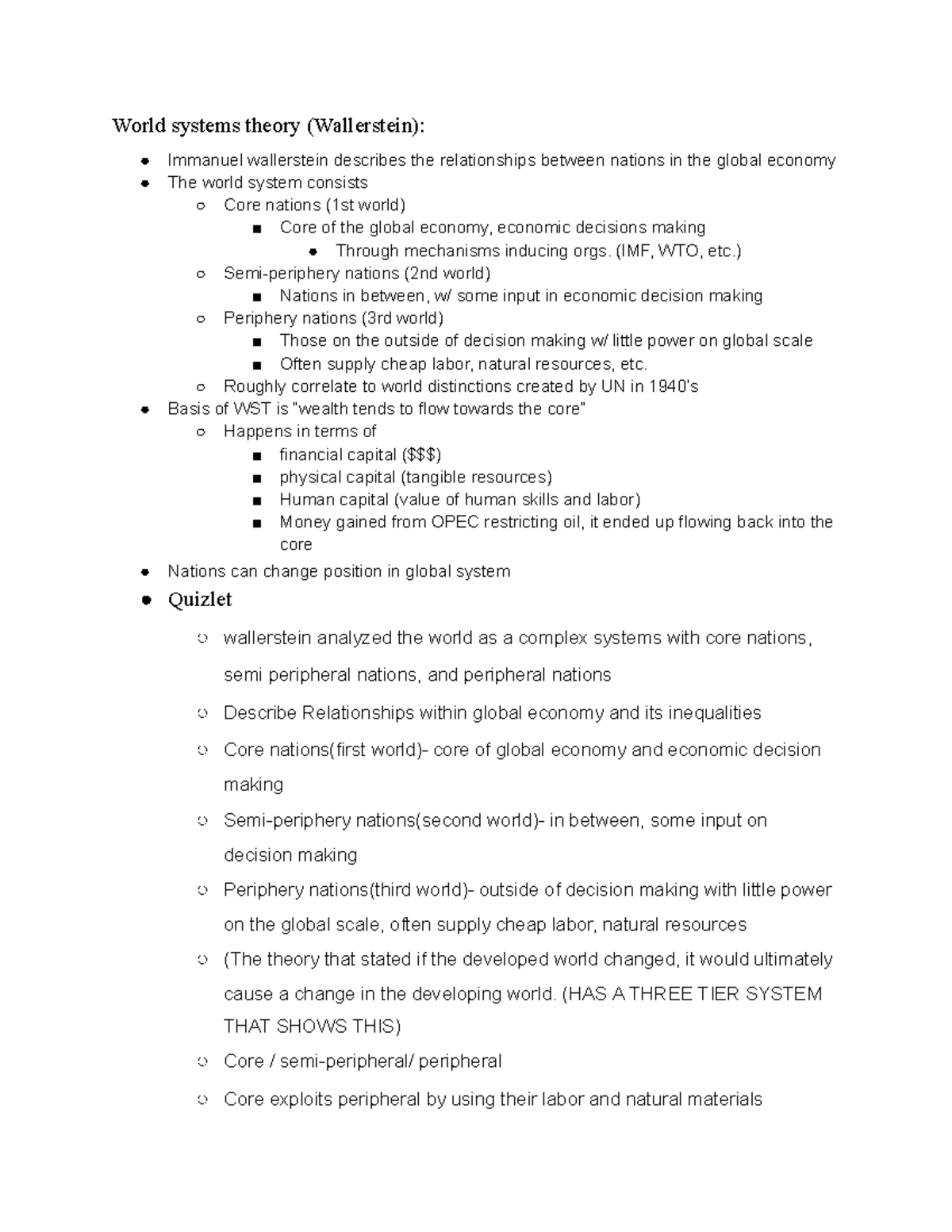 Midterm definitions - Study Guide - World systems theory (Wallerstein ...