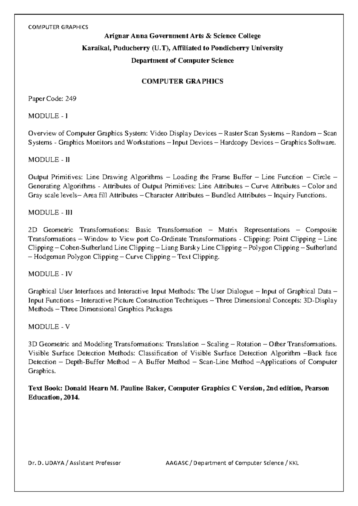 Computer Graphics Notes Arignar Anna Government Arts And Science College Karaikal Puducherry