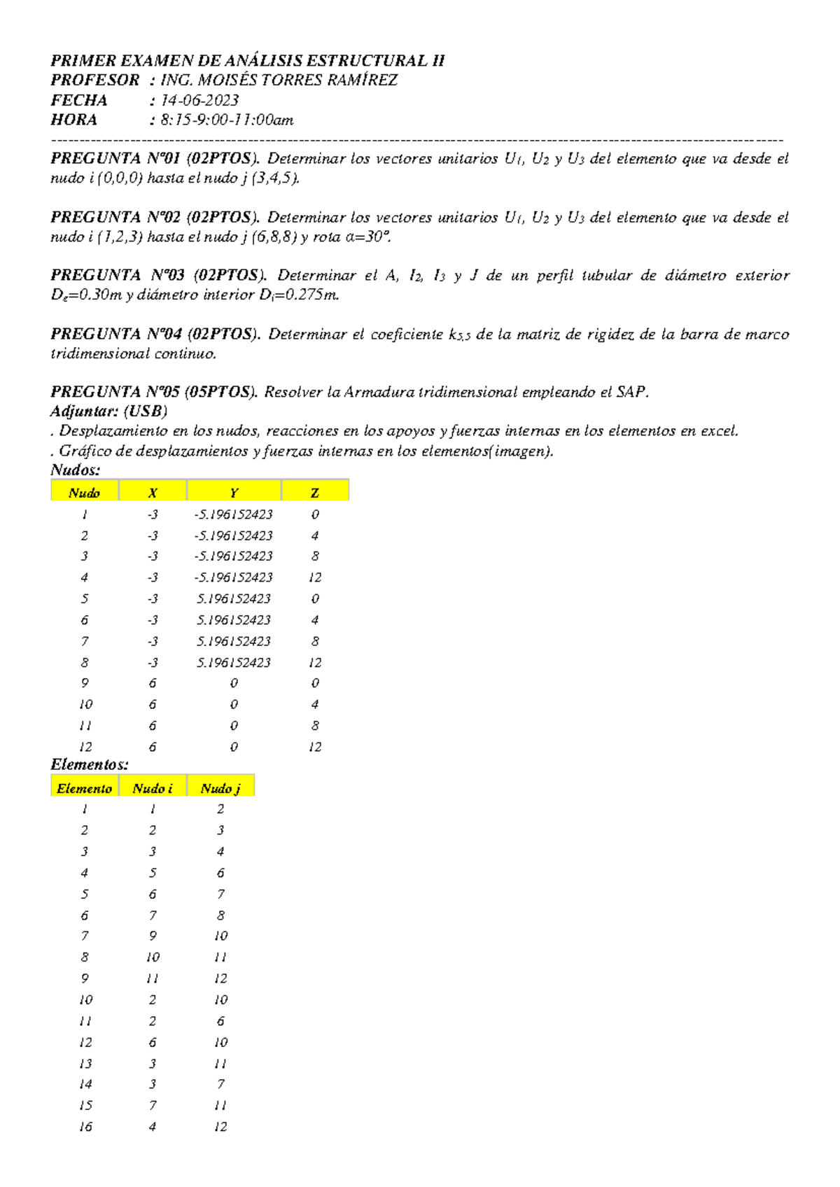 EP AEII 2023-I - PRIMER EXAMEN DE ANÁLISIS ESTRUCTURAL II PROFESOR ...