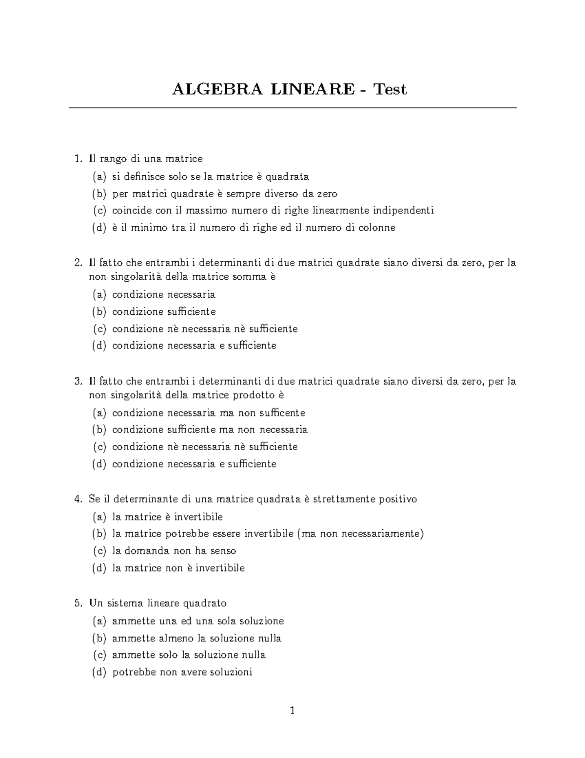 Test Algebra Lineare - ALGEBRA LINEARE - Test Il rango di una matrice ...
