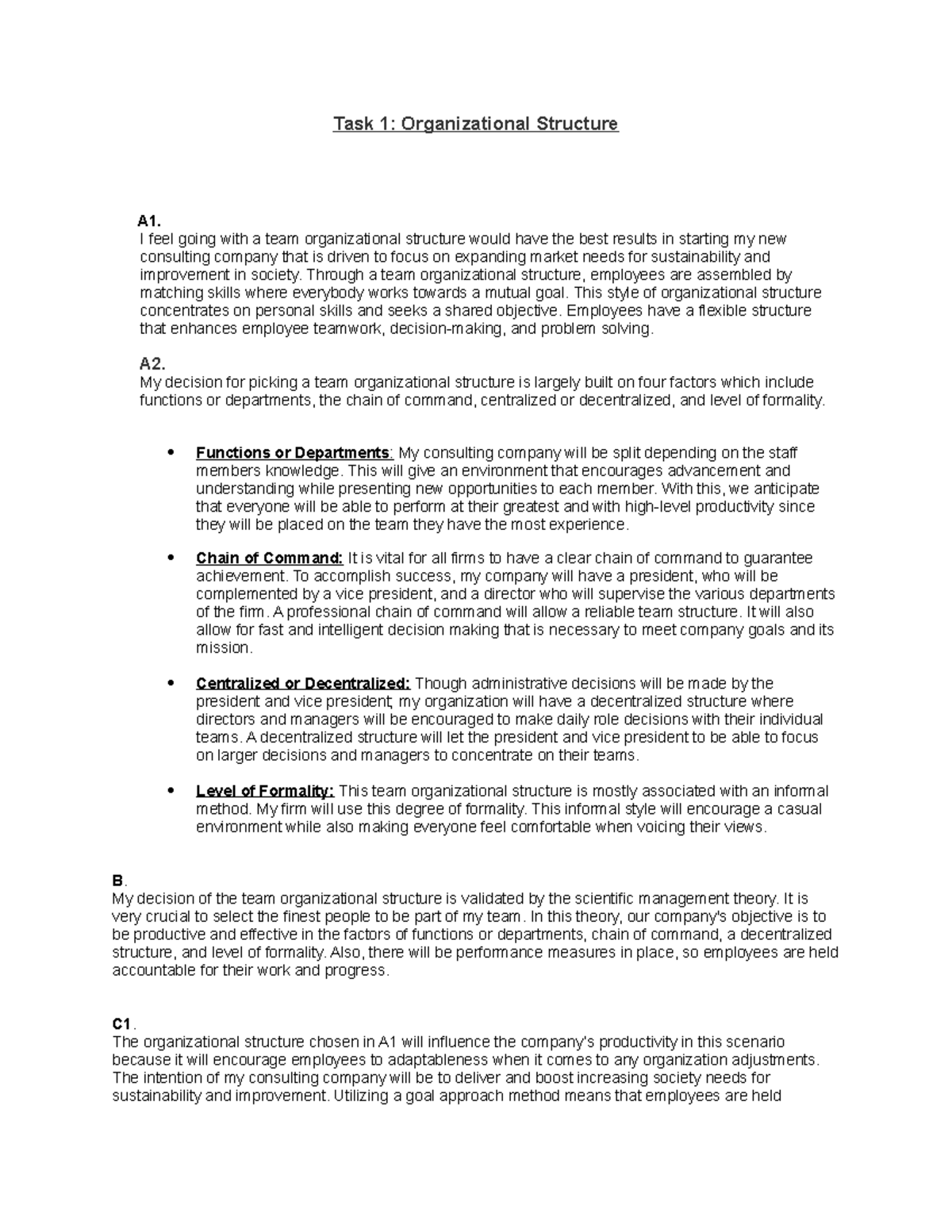 BEA Task 1 078 - D078 Task 1 - Task 1: Organizational Structure A1. I ...