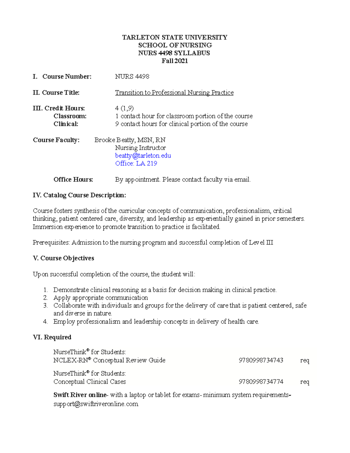 TARLETON STATE UNIVERSITY SCHOOL OF NURSING NURS 4498 SYLLABUS Fall ...