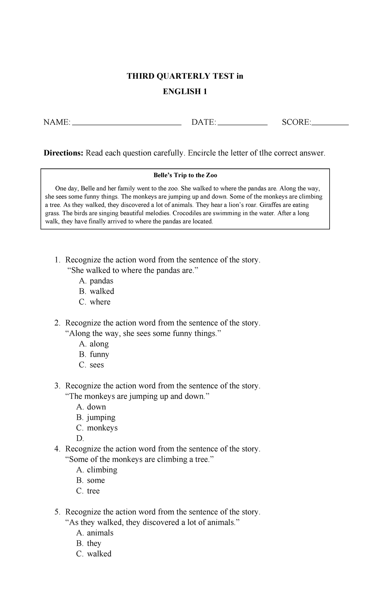 Third Quarterly TEST in - THIRD QUARTERLY TEST in ENGLISH 1 NAME: DATE ...