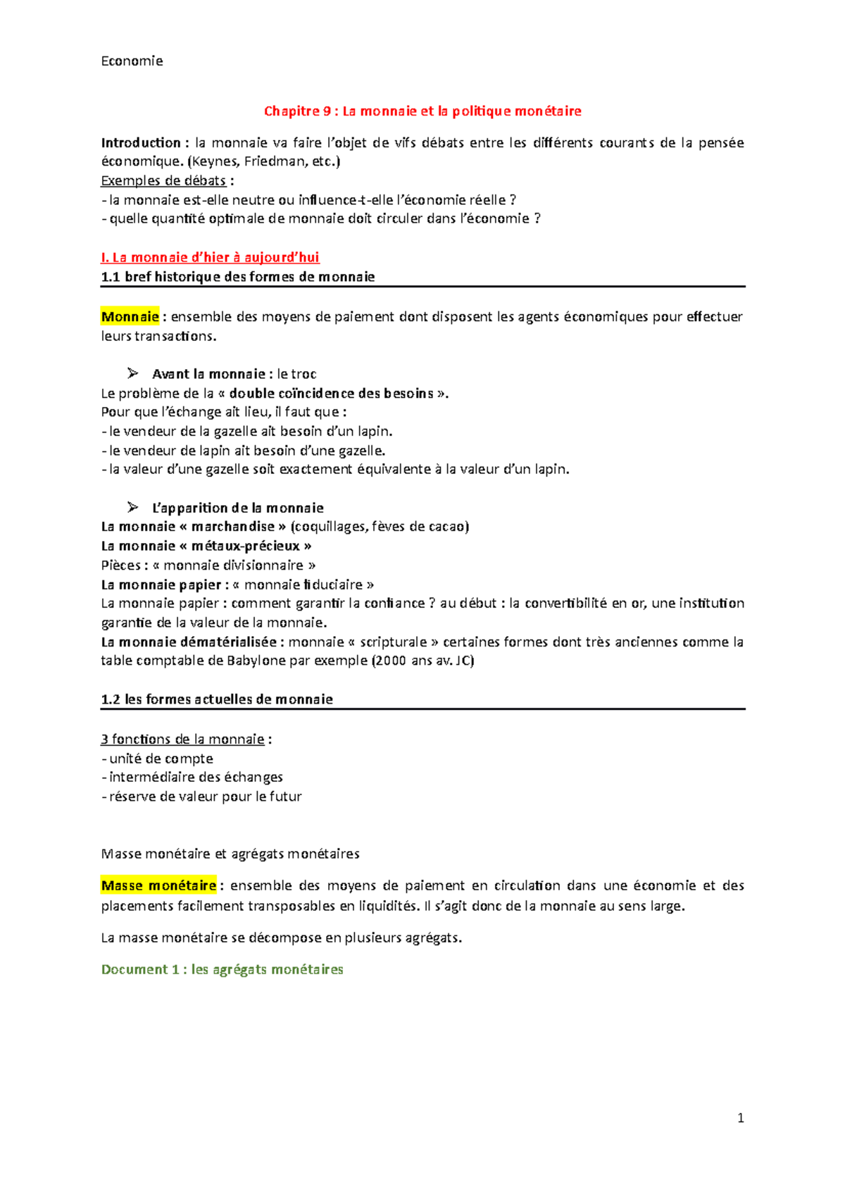 La monnaie et la politique monétaire - Economie Chapitre 9 : La monnaie ...