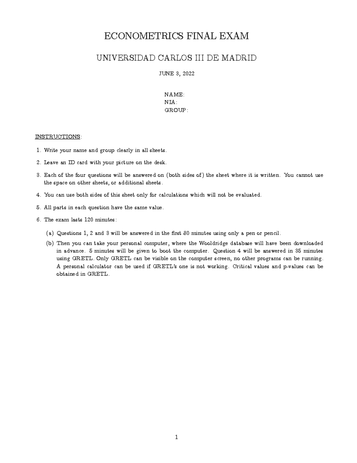 Final May2022 English Solutions - ECONOMETRICS FINAL EXAM UNIVERSIDAD CARLOS III DE MADRID JUNE ...