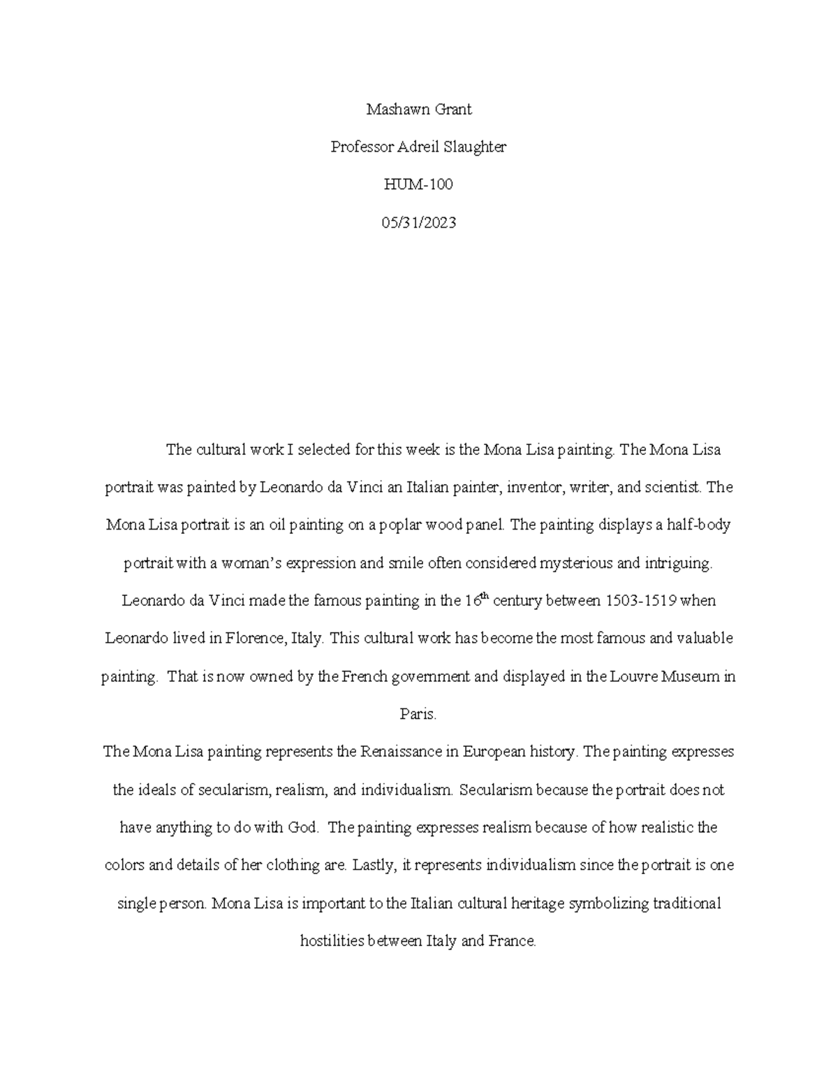 HUM-100 week 5 done - Homework - Mashawn Grant Professor Adreil ...