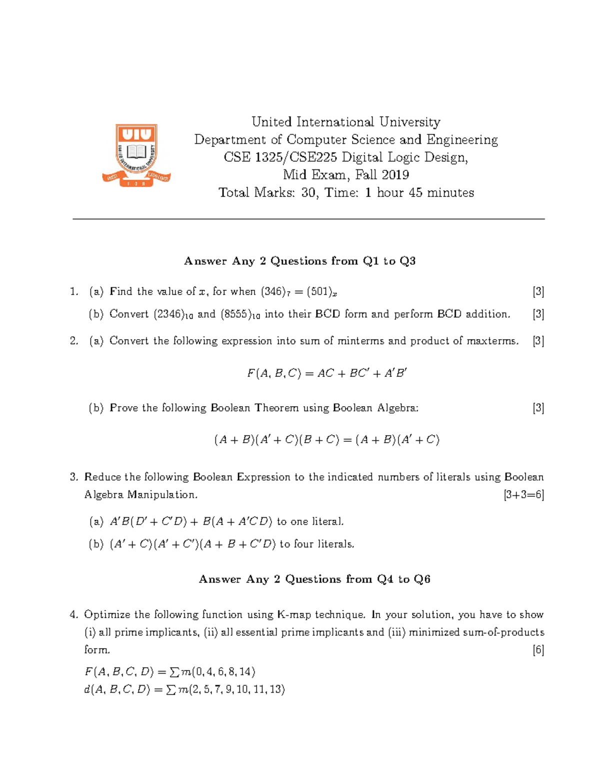 Digital Logic Design mid question - United International University ...