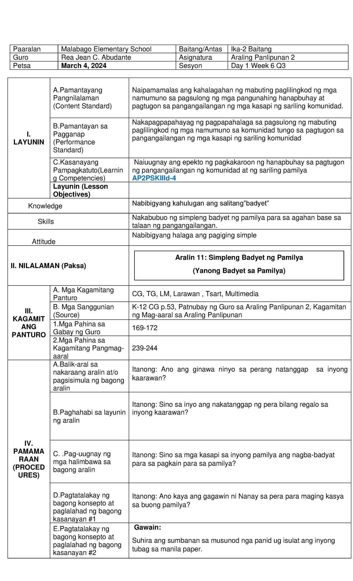 Ap Day 1 Week 6 Quarter 3 DLP - I. LAYUNIN A Pangnilalaman (Content ...