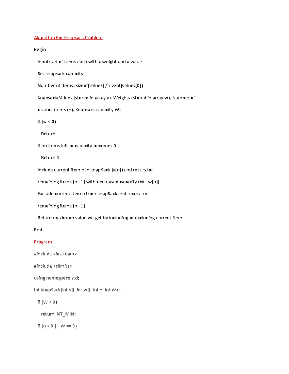 Algorithm For K Wps Office Algorithm For Knapsack Problem Begin Input Set Of Items Each With