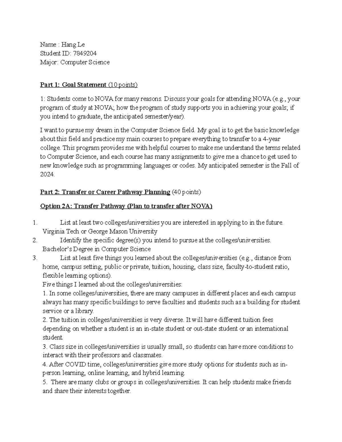 Academic Planning - For practicing - Name : Hang Le Student ID: 7849204 ...