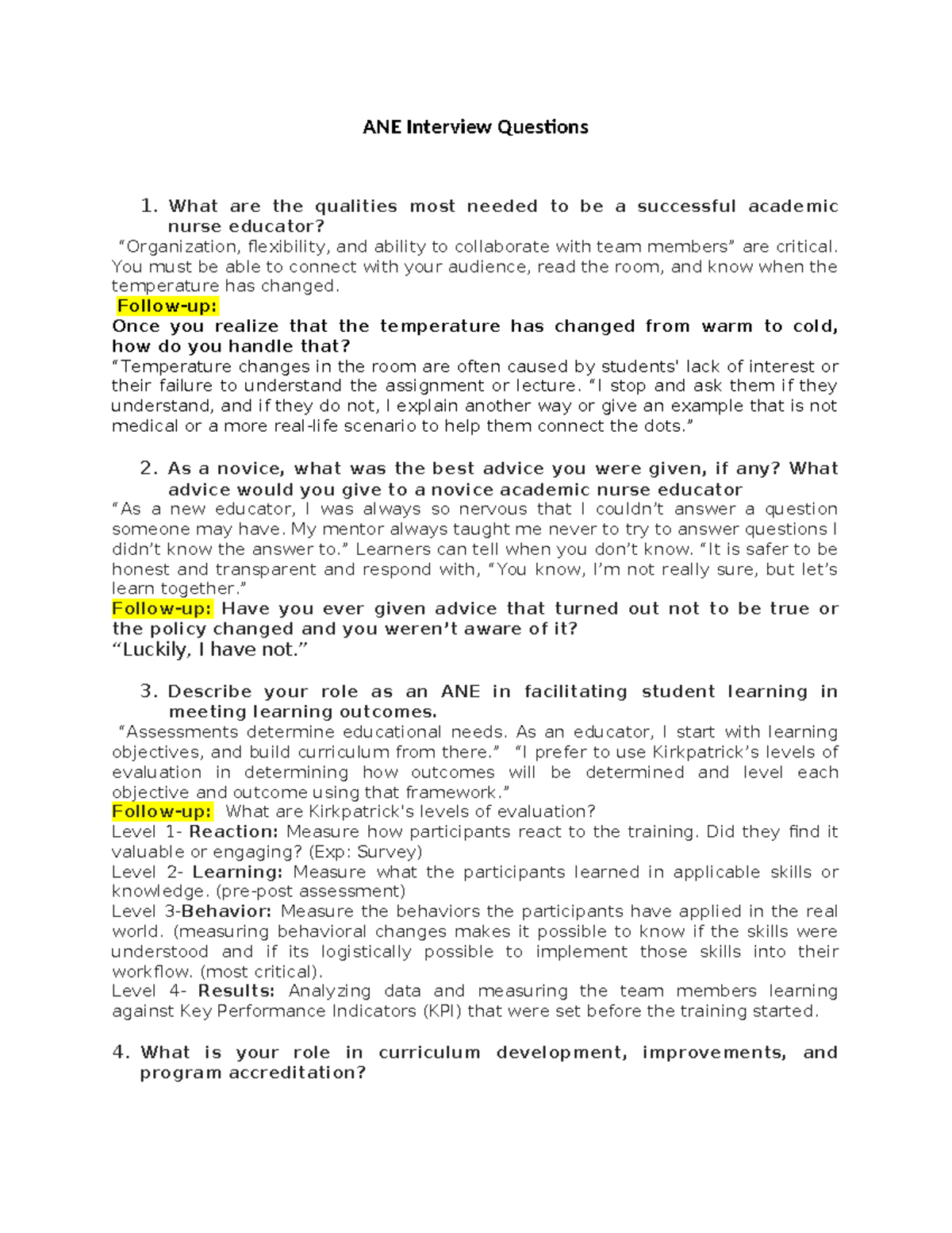 Interview Guide - 5 Core Questions 5 Folowup - ANE Interview Questions ...