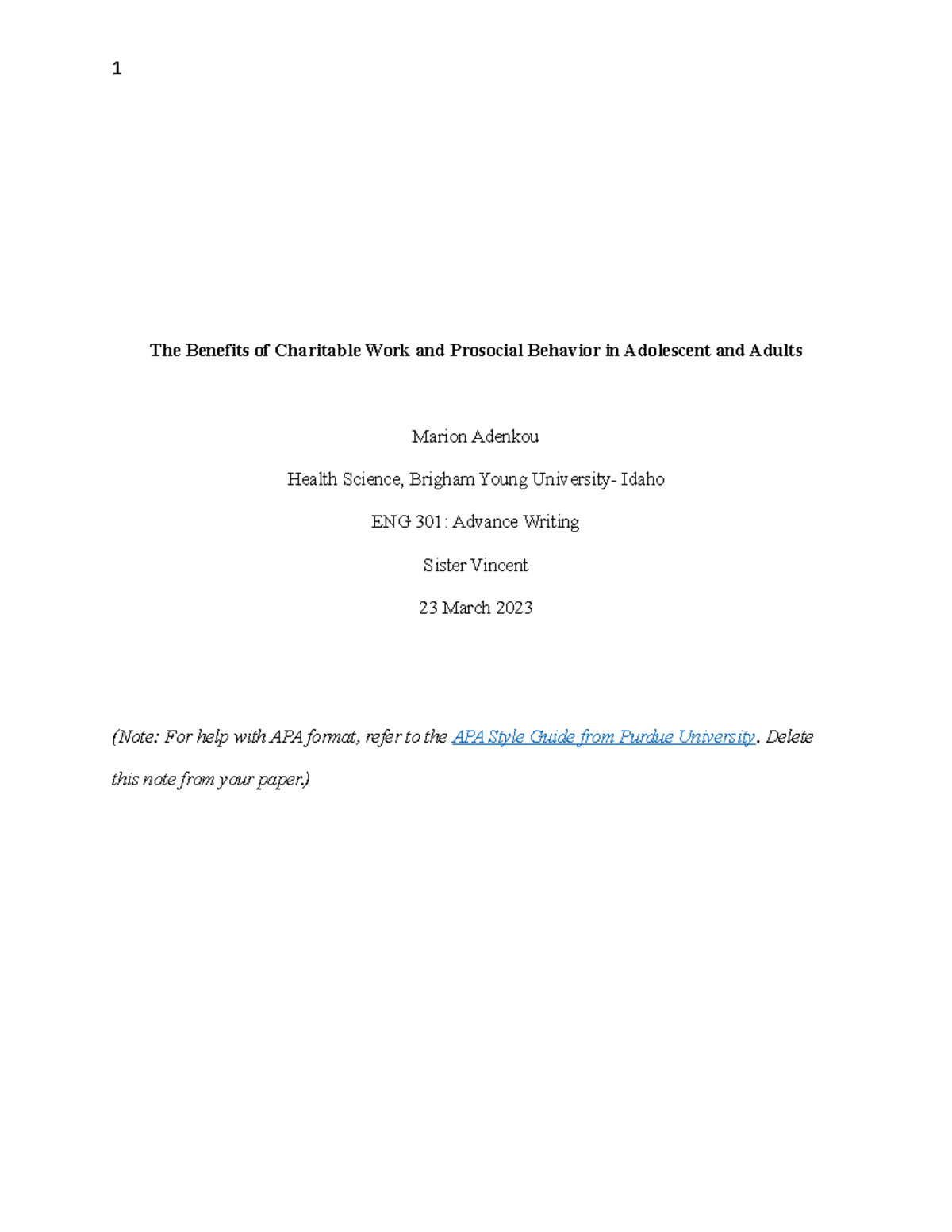 Eng301 document apa Format Guide 01 - 1 The Benefits of Charitable Work ...