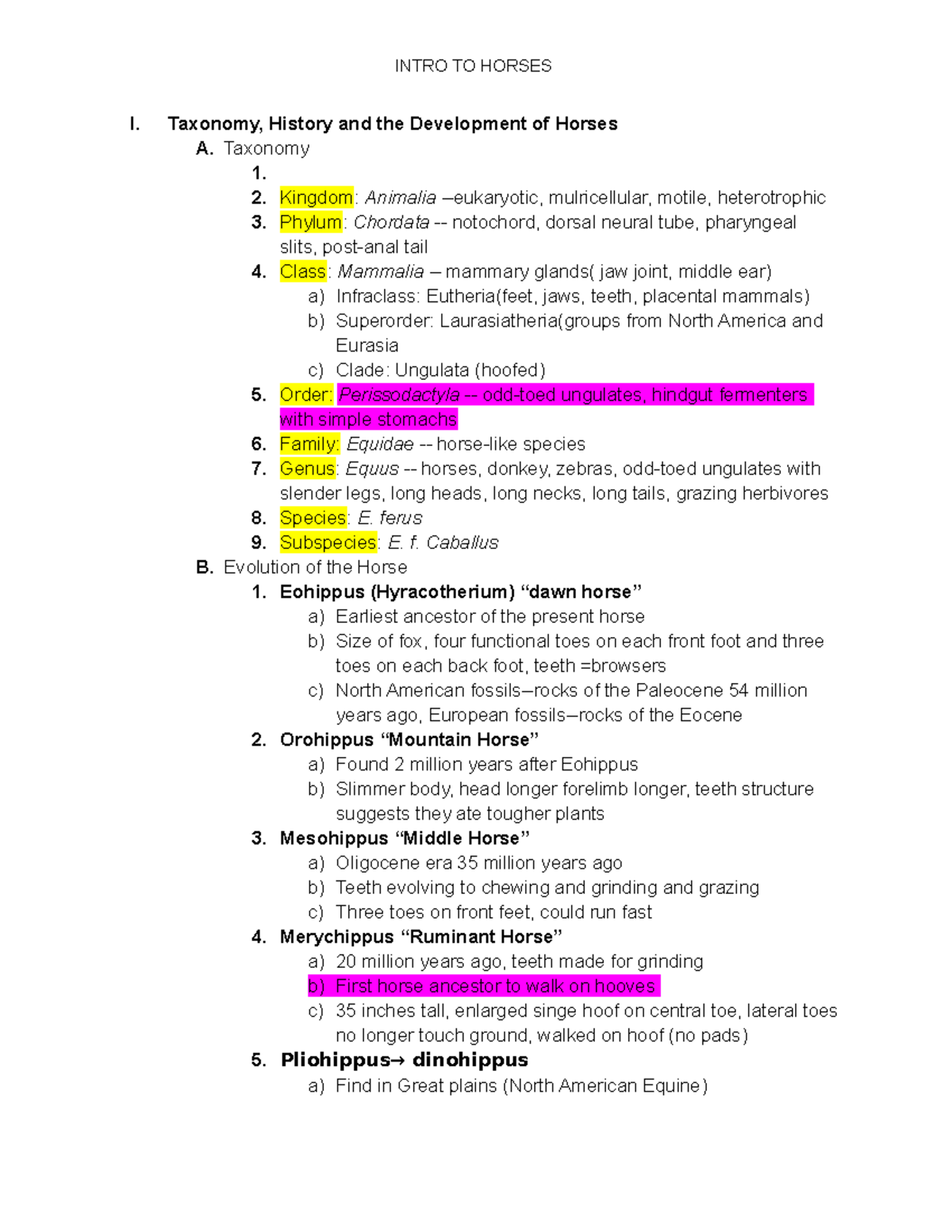 ANS 15 intro to horses - INTRO TO HORSES I. Taxonomy, History and the ...