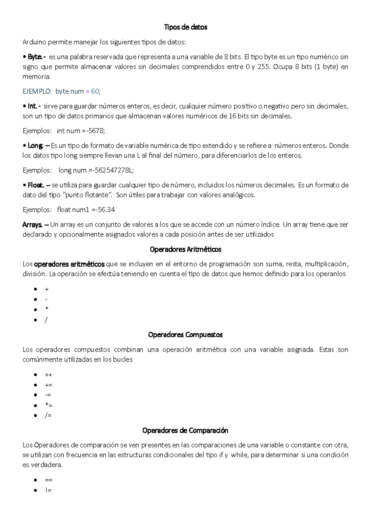 Expocircuito - Tipos de datos Arduino permite manejar los siguientes ...
