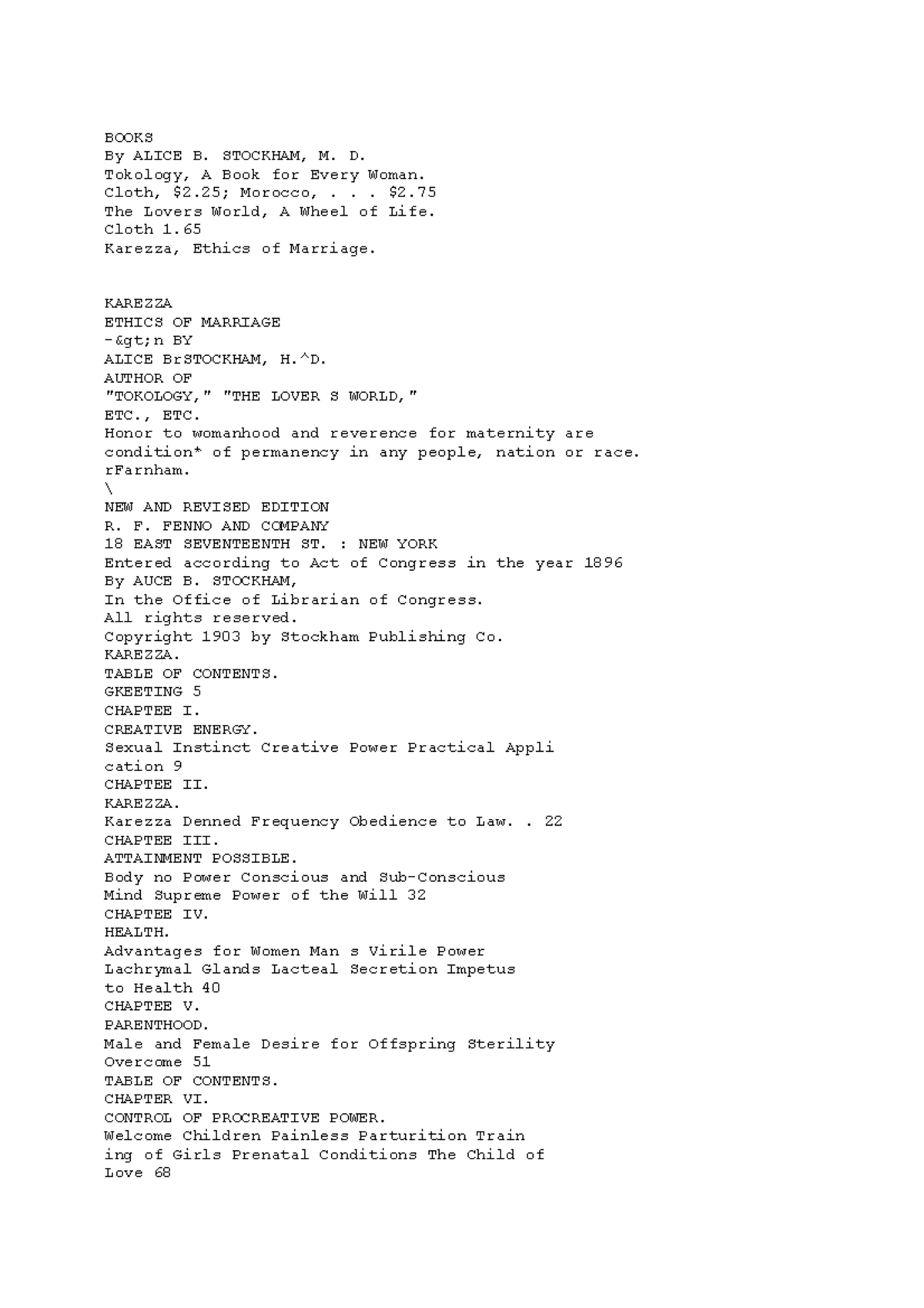 Stockham Karezza 1903 - BOOKS By ALICE B. STOCKHAM, M. D. Tokology, A ...