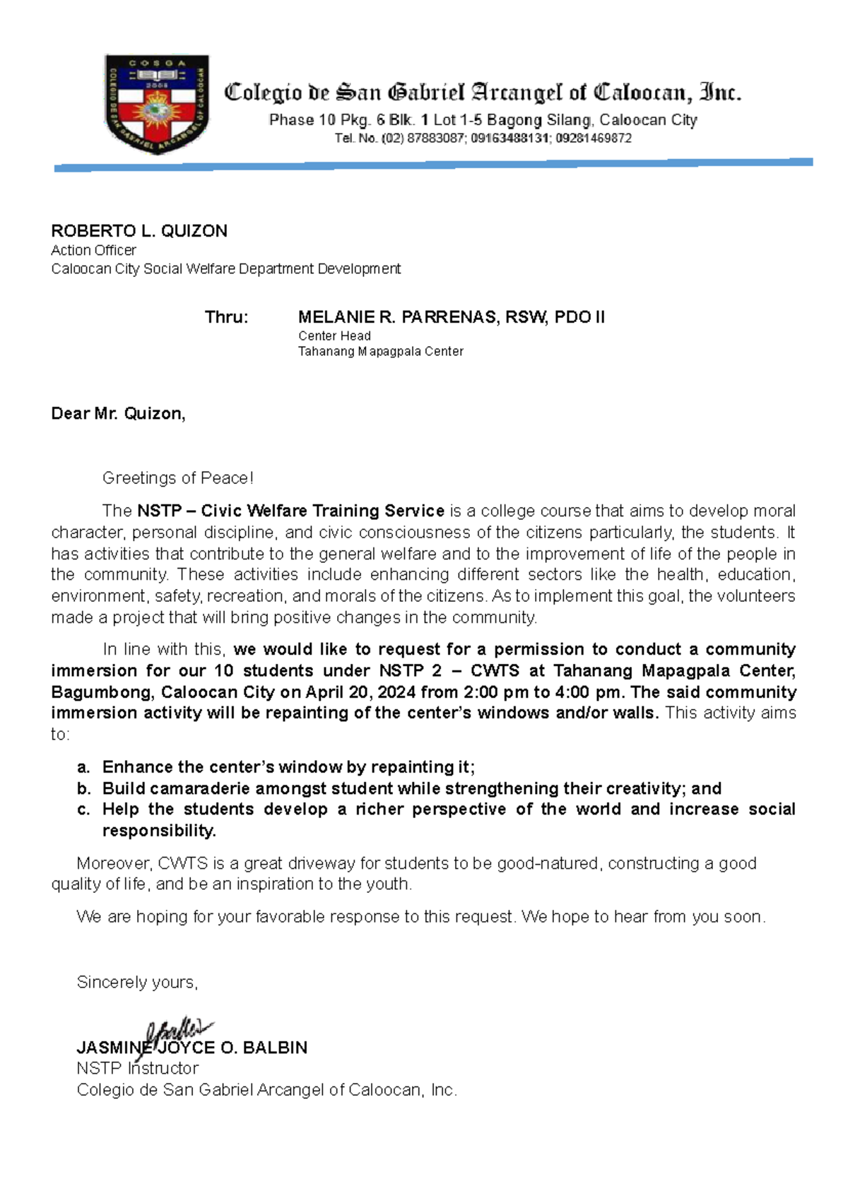 NSTP Activity - Cosga - ROBERTO L. QUIZON Action Officer Caloocan City ...