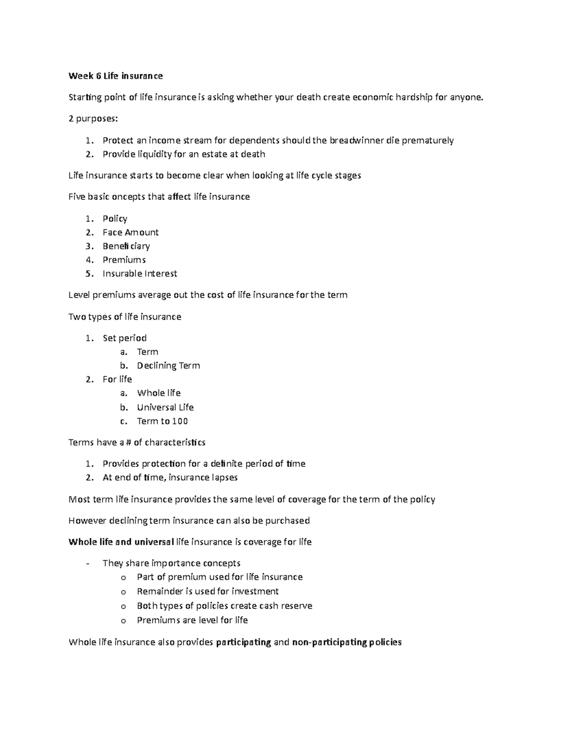Week 6 Life insurance - Notes are according to Prof. David Parker's ...