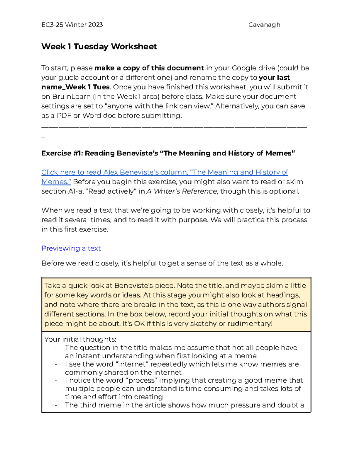 Week 1 Tuesday Assignment - EC3-25 Winter 2023 Cavanagh Week 1 Tuesday ...