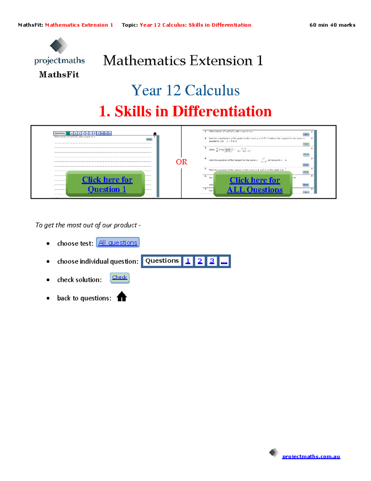 Year 12 Calculus 1 Skills in Differentiation MX Maths Fit - Mathematics ...