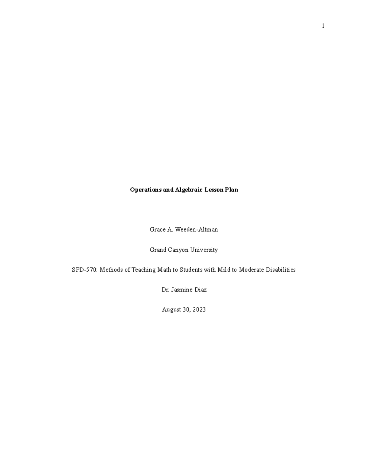 Operations and Algebraic Lesson Plan spd-570 HMWK - Operations and ...