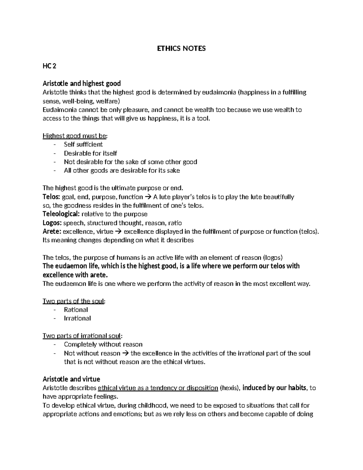 Ethics lecture notes - ETHICS NOTES HC 2 Aristotle and highest good ...