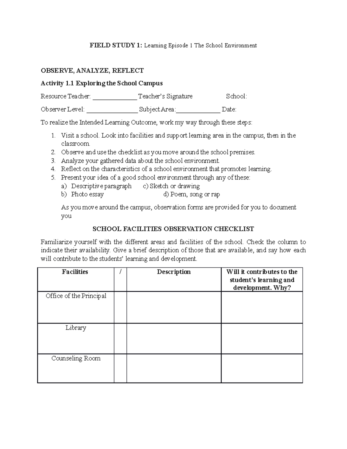 School Facilities Observation Checklist - FIELD STUDY 1: Learning ...