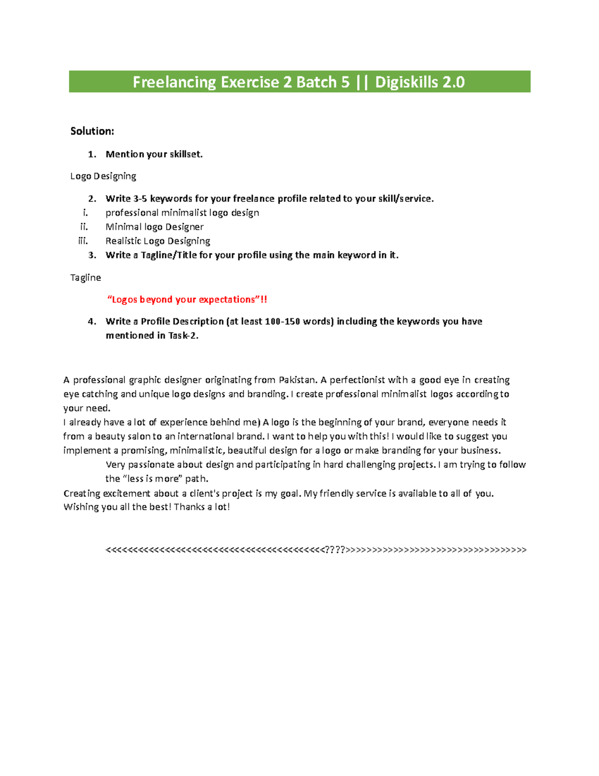 DSTP2 - Freelancing Exercise 2 Batch 5 || Digiskills 2. Solution: Mention your skillset. Logo ...
