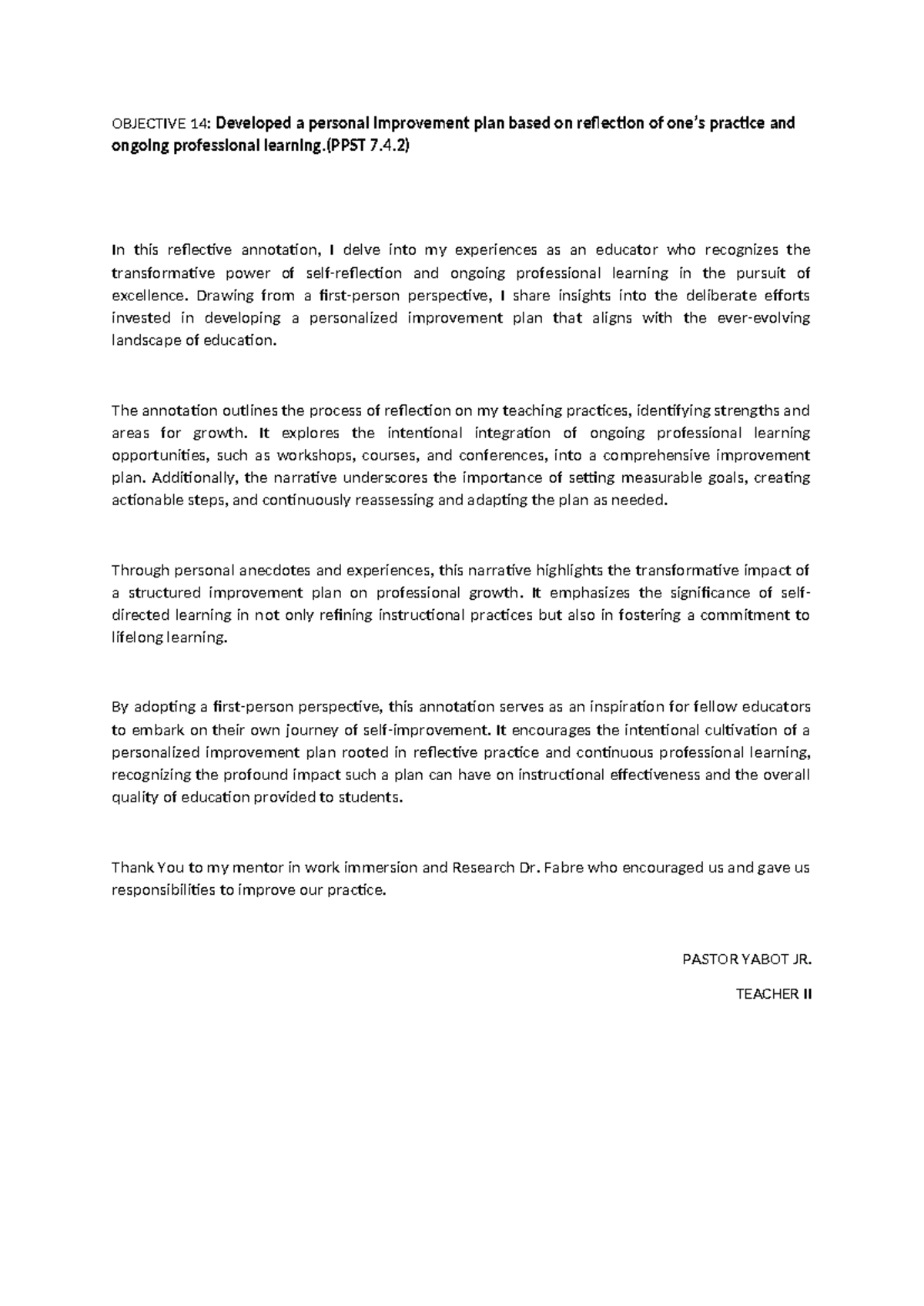 Objective 14 - for annotation rpms - OBJECTIVE 14: Developed a personal ...