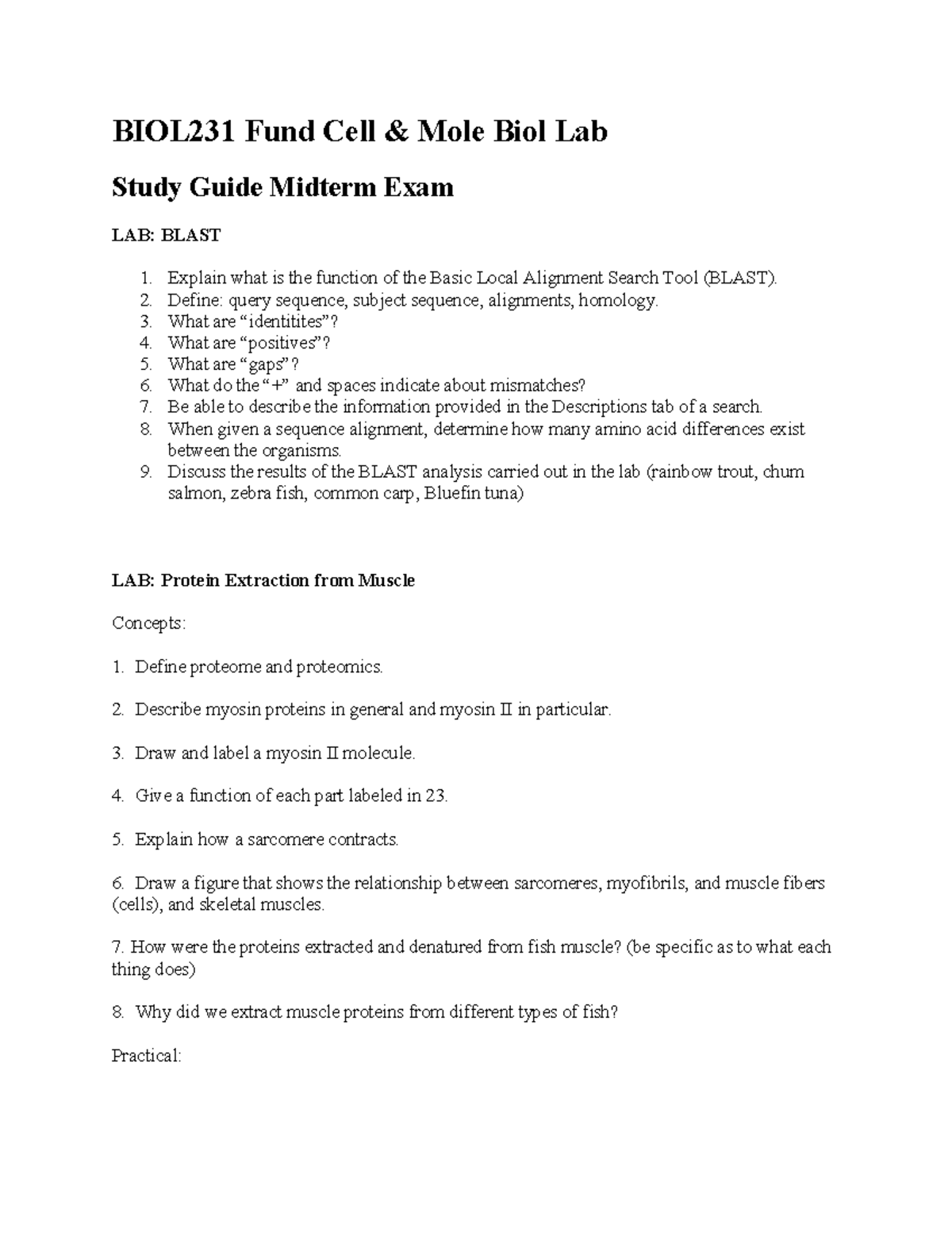 231 Midterm Study Guide 20F - BIOL231 Fund Cell & Mole Biol Lab Study ...