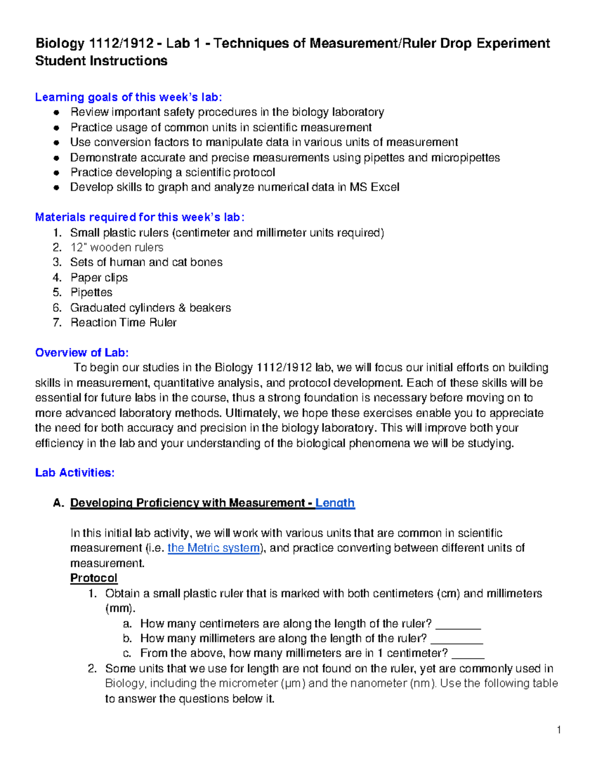 Lab 1 - Student Instructions - Techniques of Measurement & Ruler Drop ...