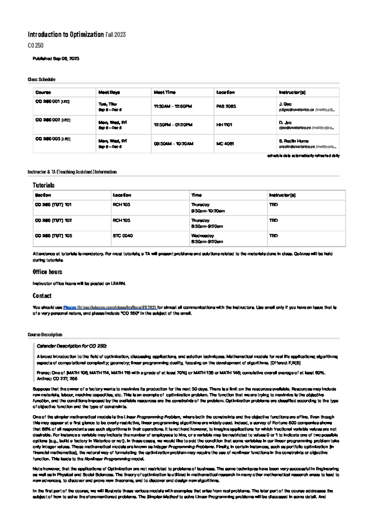 Outline CO250 - Introduction to Optimization Fall 2023 CO 250 Published ...