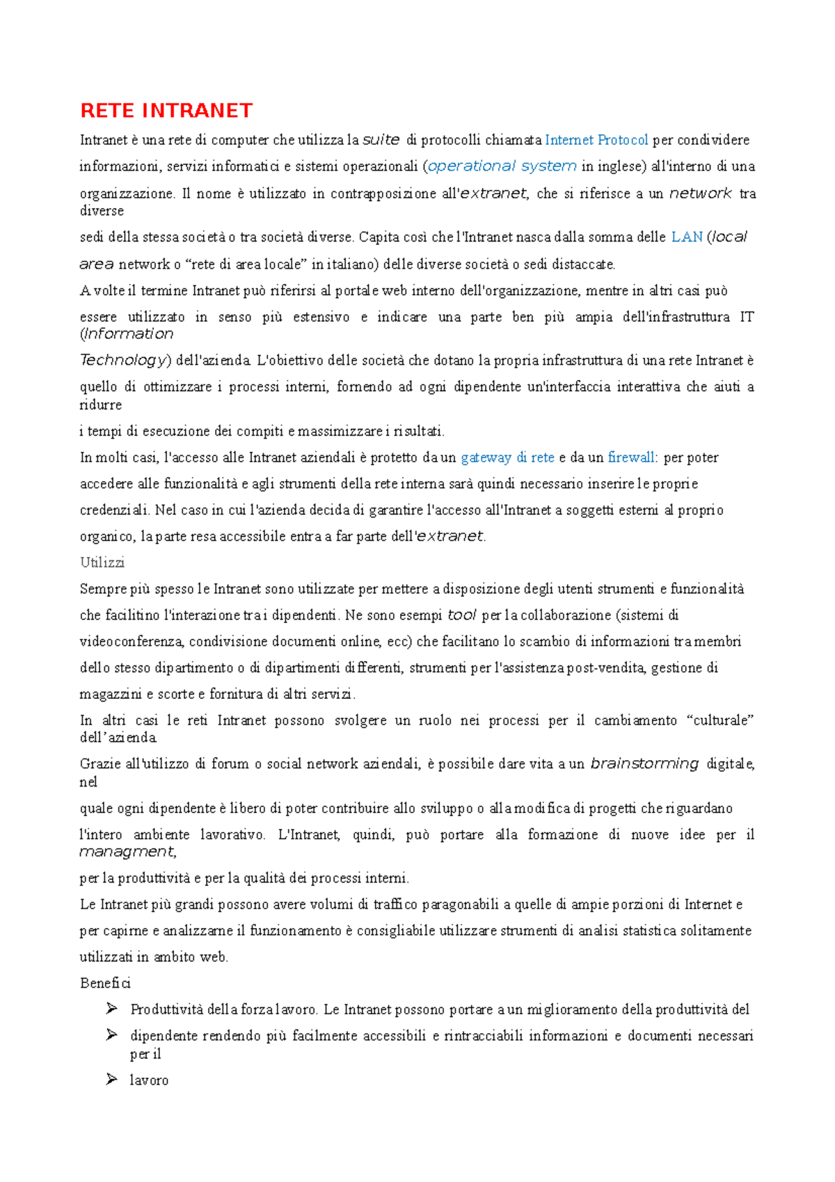 RETE Intranet - appunti - RETE INTRANET Intranet è una rete di computer ...