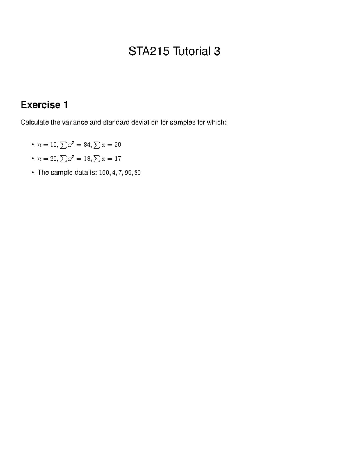 STA215 Tutorial 3 - ta material - STA215 Tutorial 3 Exercise 1 Calculate the variance and ...