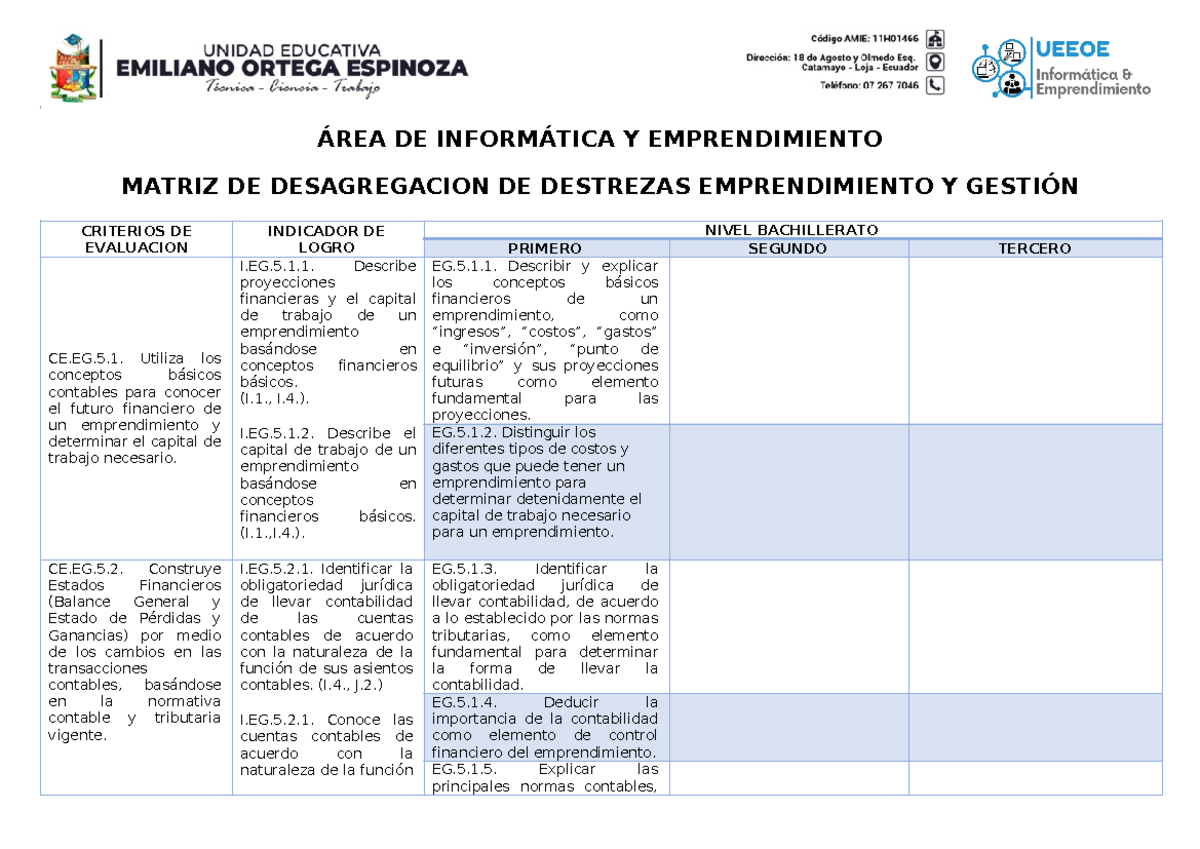 Matriz DE Desagregacion DE Destrezas - ÁREA DE INFORMÁTICA Y ...