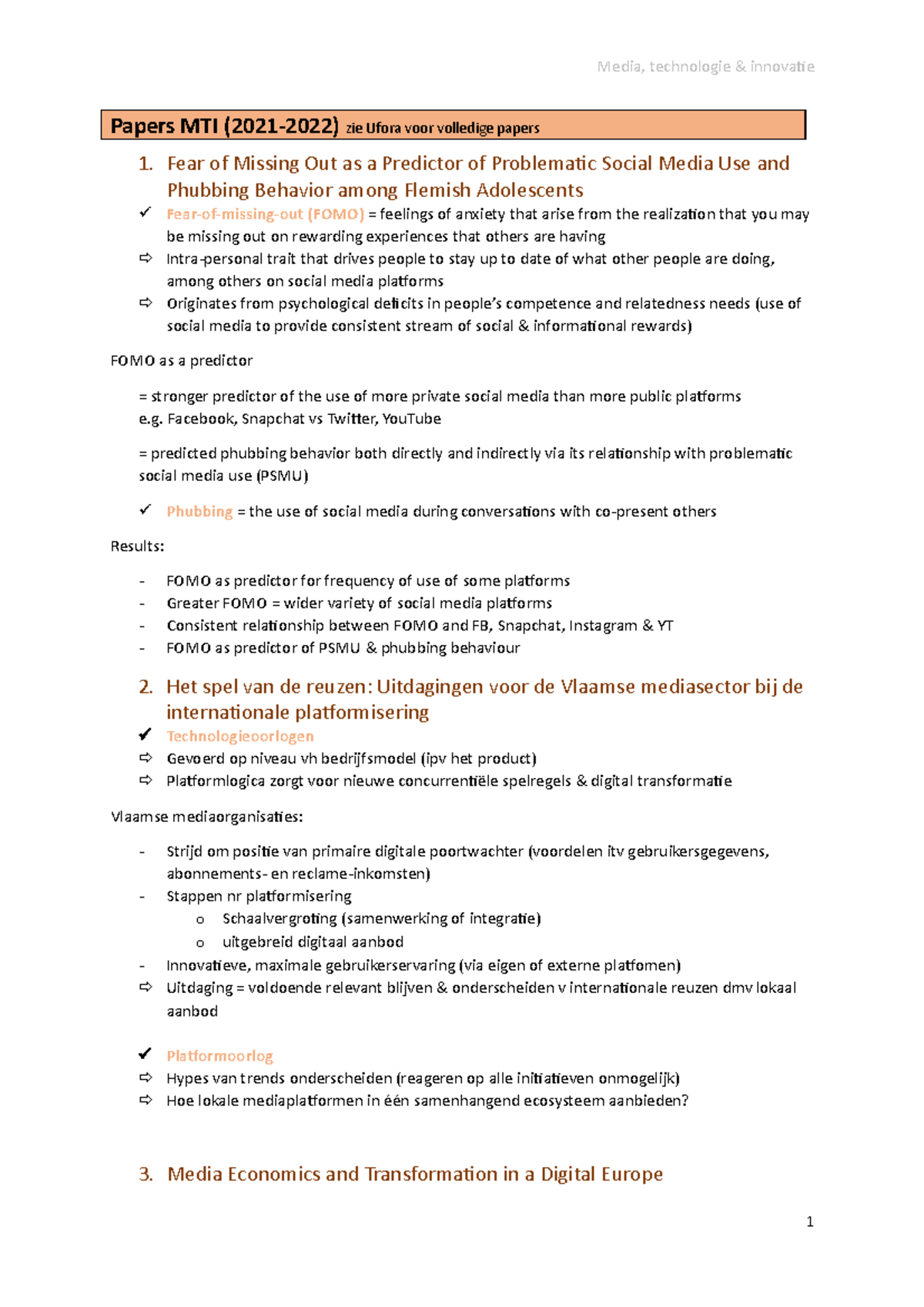 Samenvatting-papers-MTI - Papers MTI (2021-2022) zie Ufora voor volledige papers 1. Fear of ...