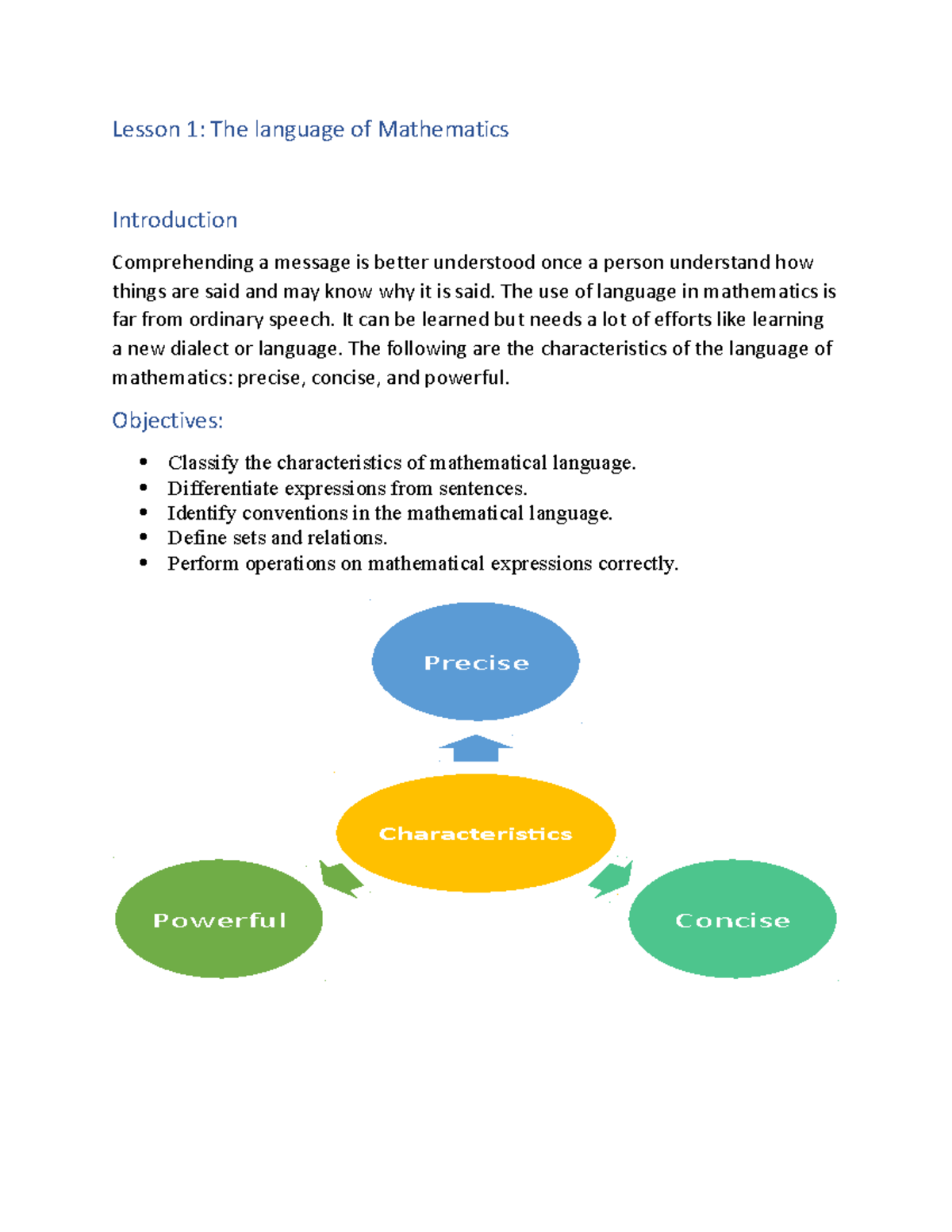 Lesson 1 - The language of Mathematics - Lesson 1: The language of Mathematics Introduction ...