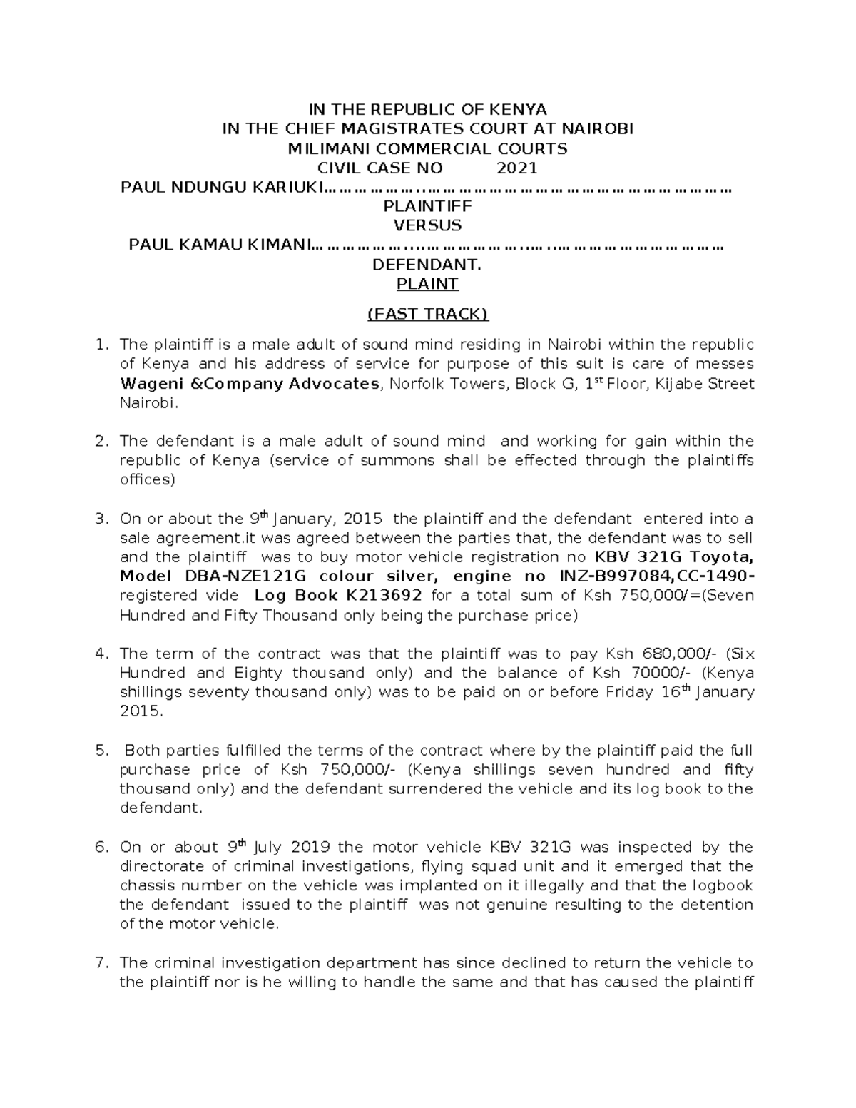 Draft Plaint- Breach of Contract - IN THE REPUBLIC OF KENYA IN THE ...