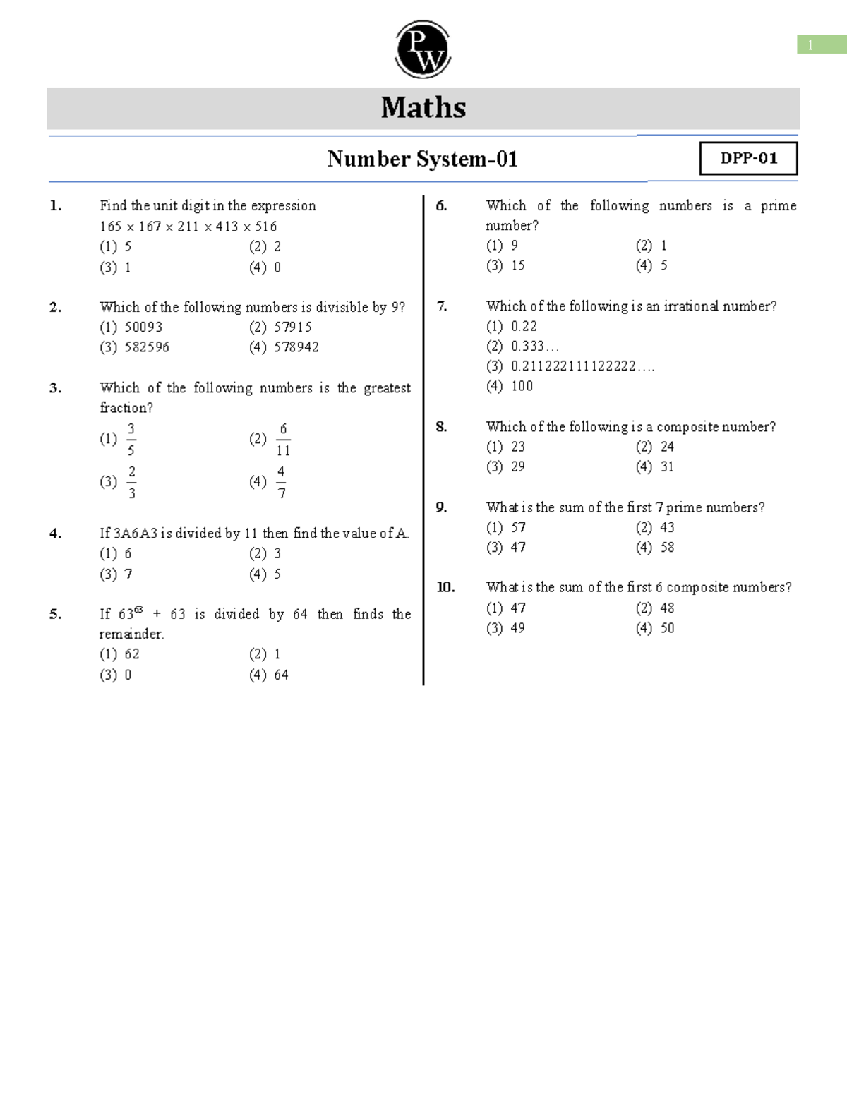 Number System DPP 01 (English) - 1 Maths Number System- Find the unit ...