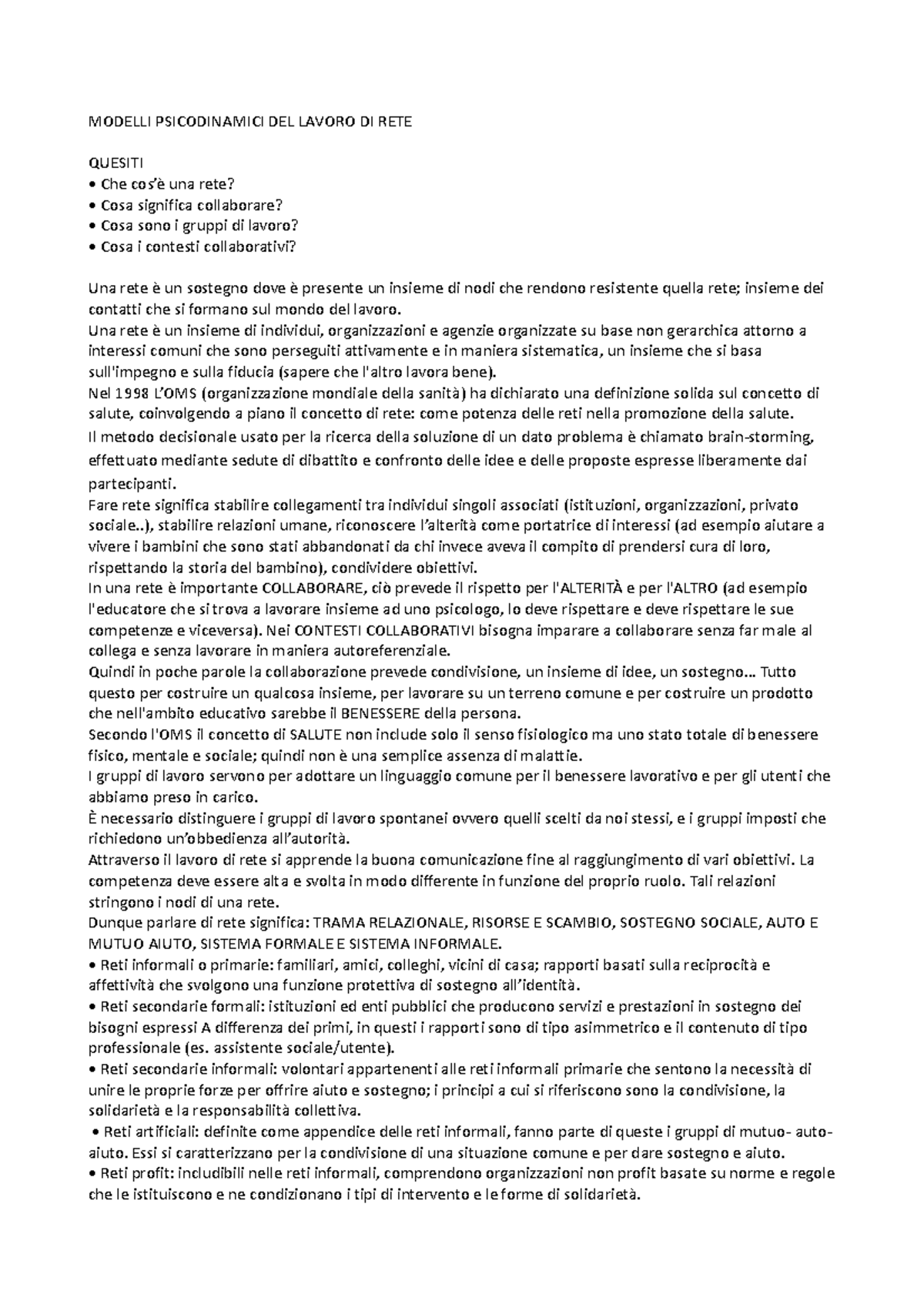 1 modelli psicodinamici - MODELLI PSICODINAMICI DEL LAVORO DI RETE ...