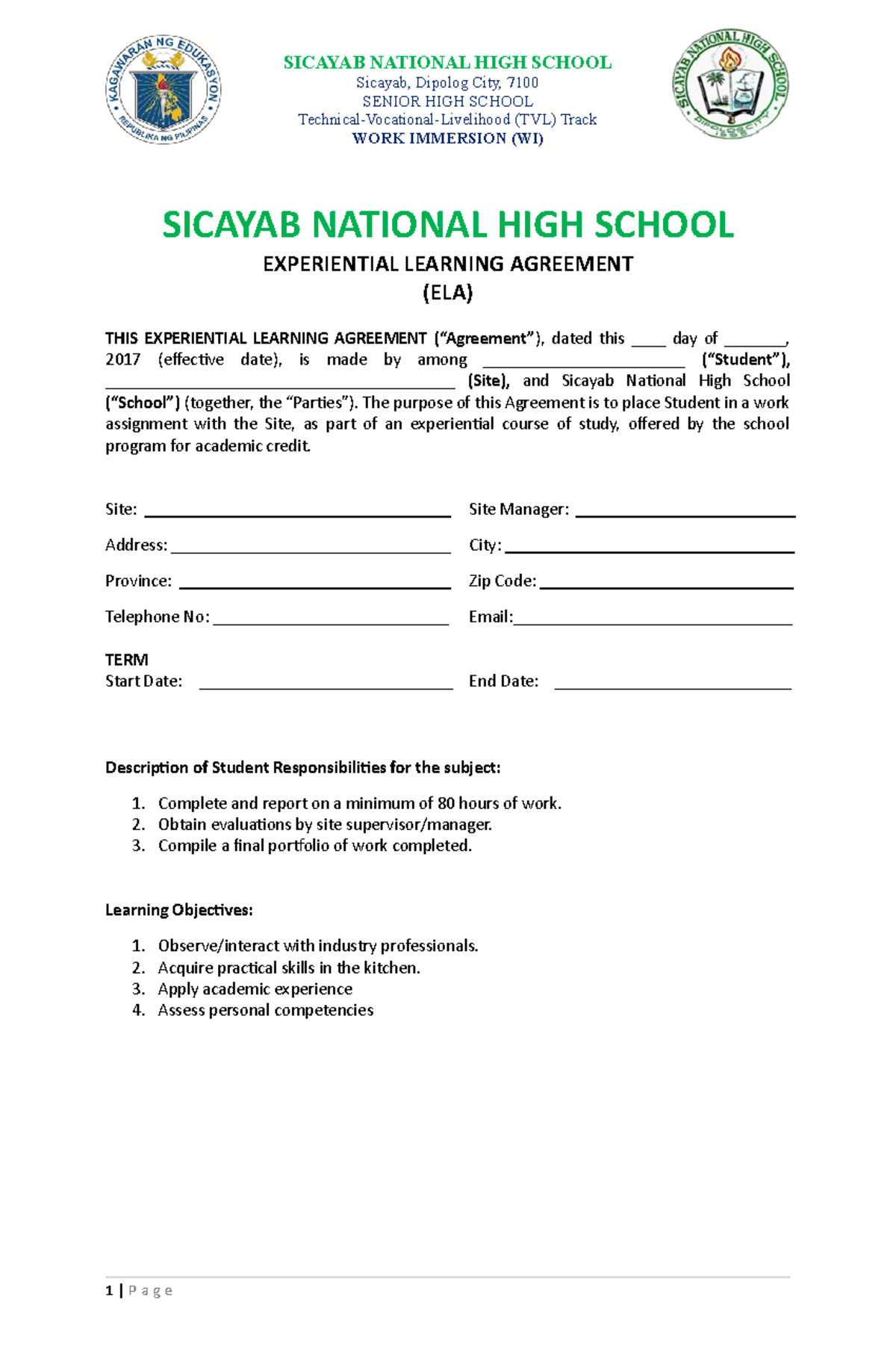 Experiential Learning Agreement TVL - SICAYAB NATIONAL HIGH SCHOOL Sicayab, Dipolog City, 7100 ...