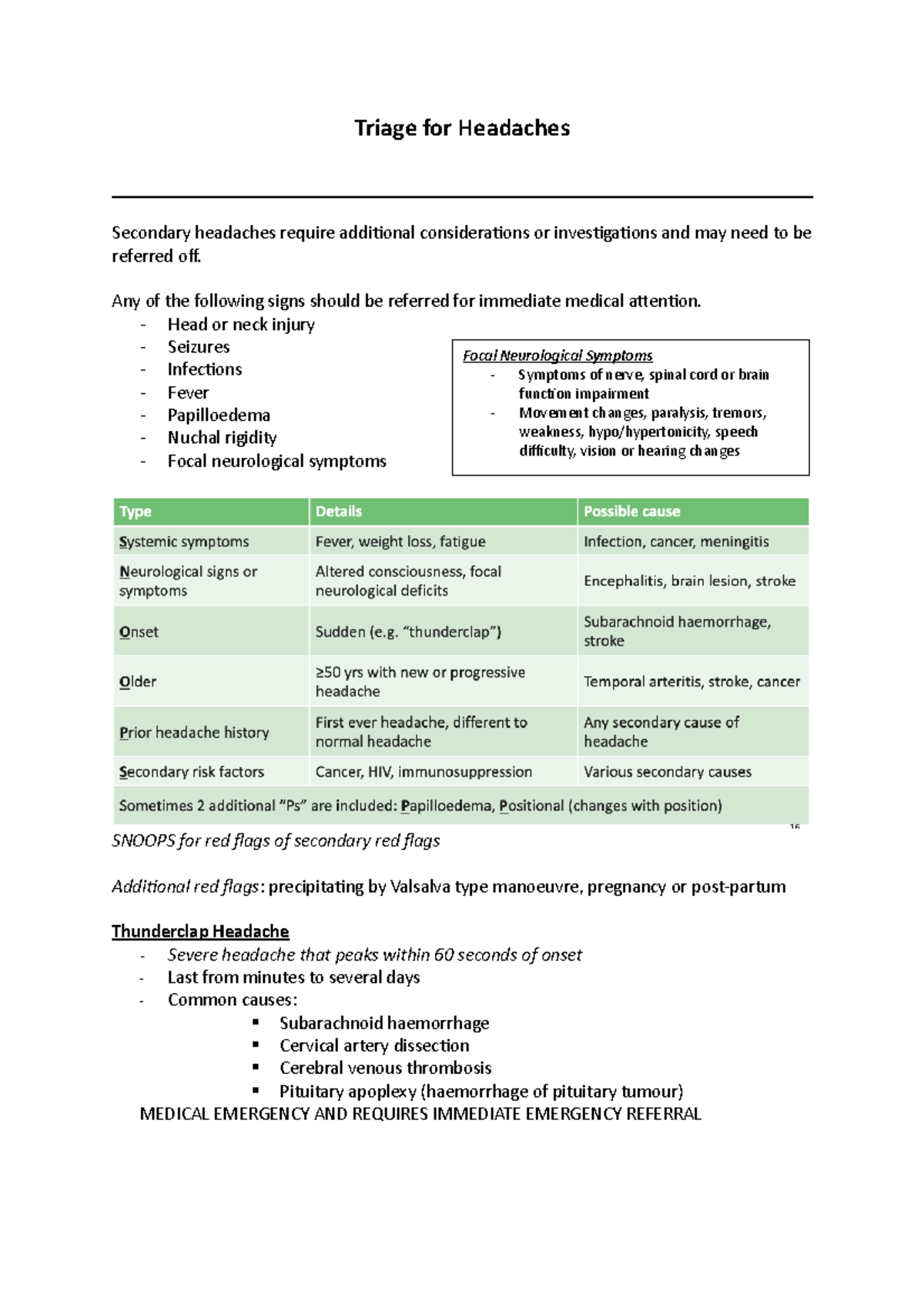 Triage for Headaches - Triage for Headaches Secondary headaches require ...