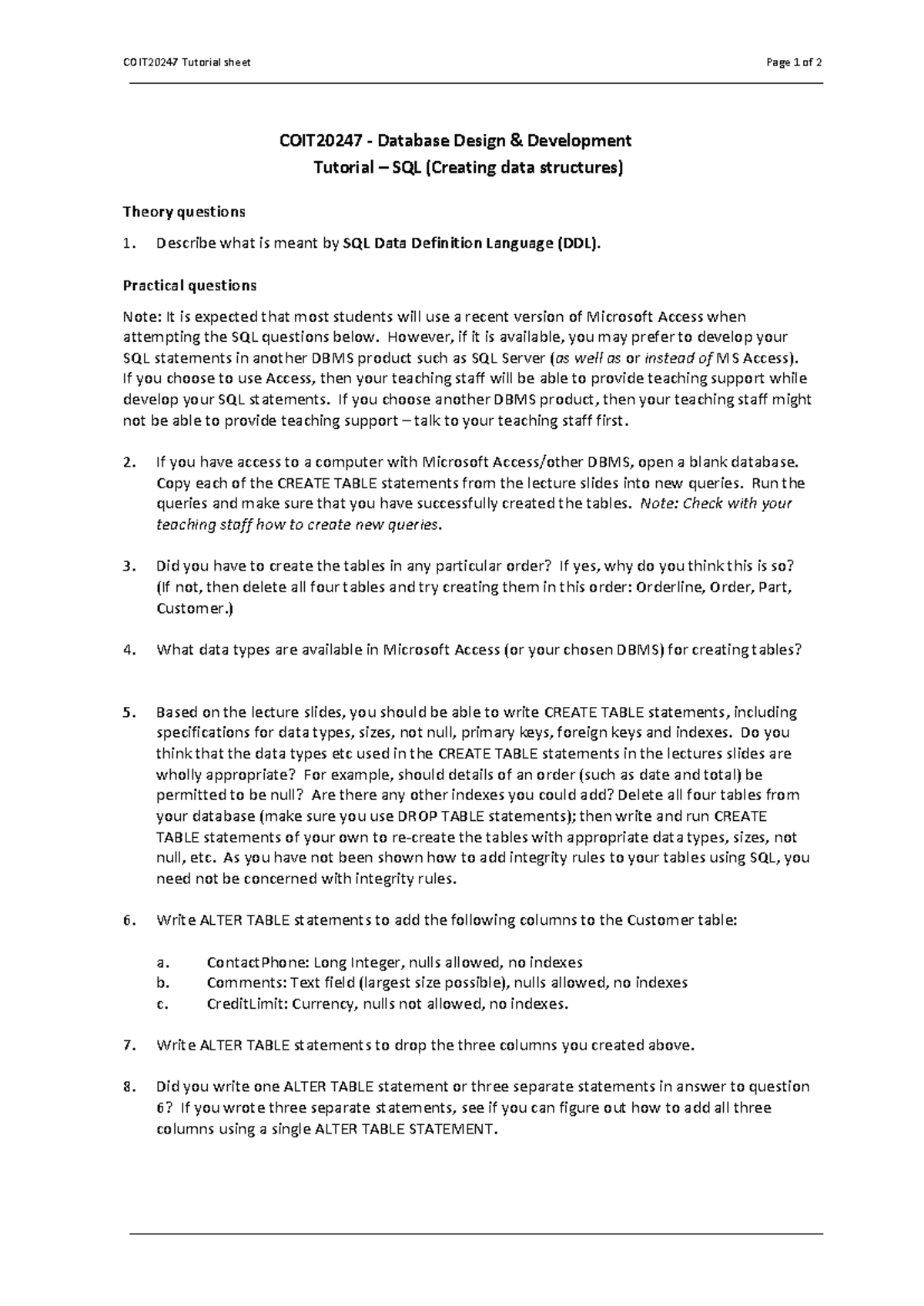 COIT20247 Tutorial SQL Creating - COIT20247 Tutorial sheet Page 1 of 2 - Studocu