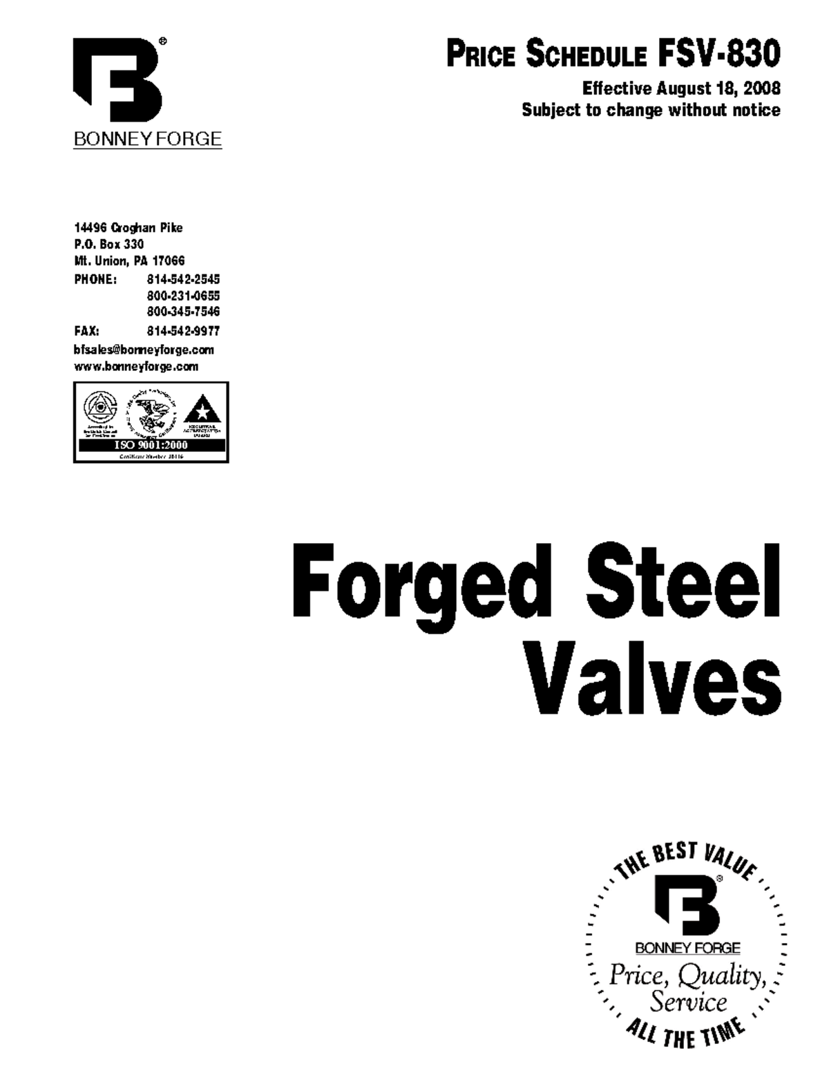 FSV-Price Sheet - Nothing for u - BONNEY FORGE ISO 9001: Certificate ...