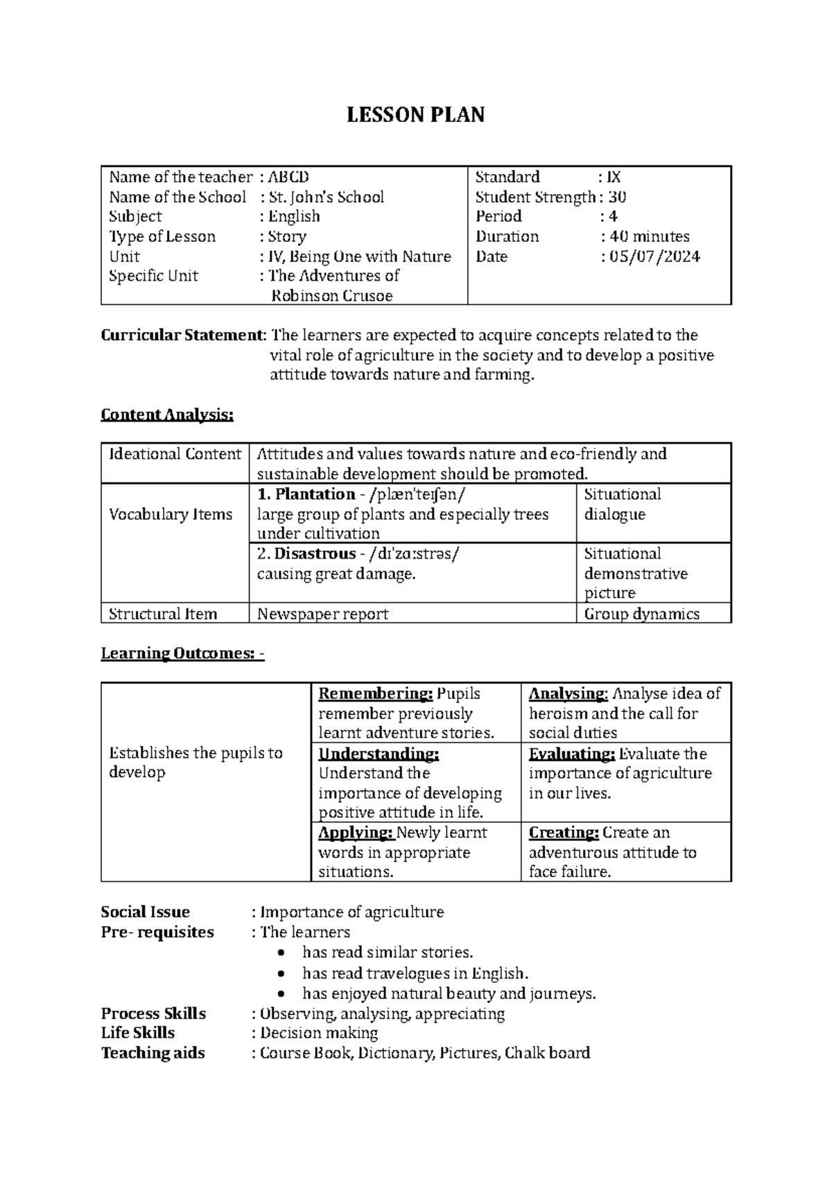 Lesson Plan- Prose - notes - LESSON PLAN Name of the teacher : ABCD ...
