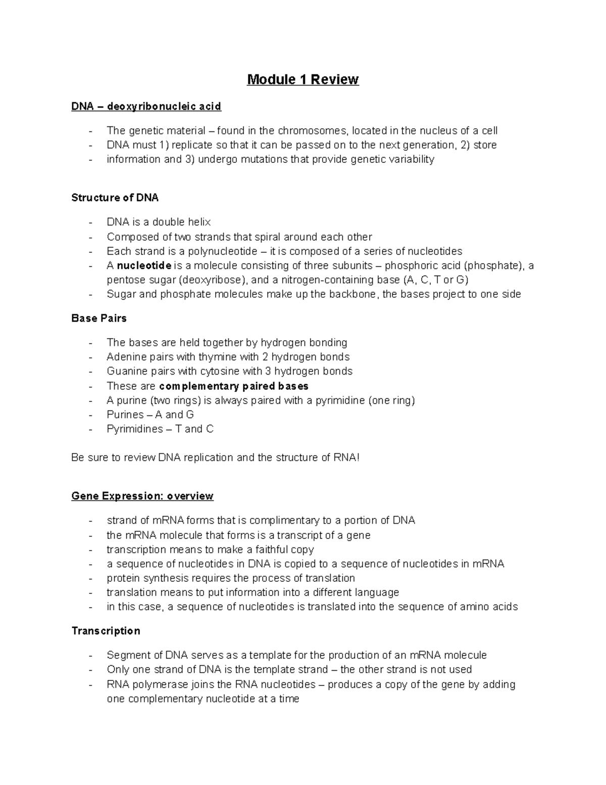 Module 1 Review - Module 1 Review DNA deoxyribonucleic acid The genetic ...