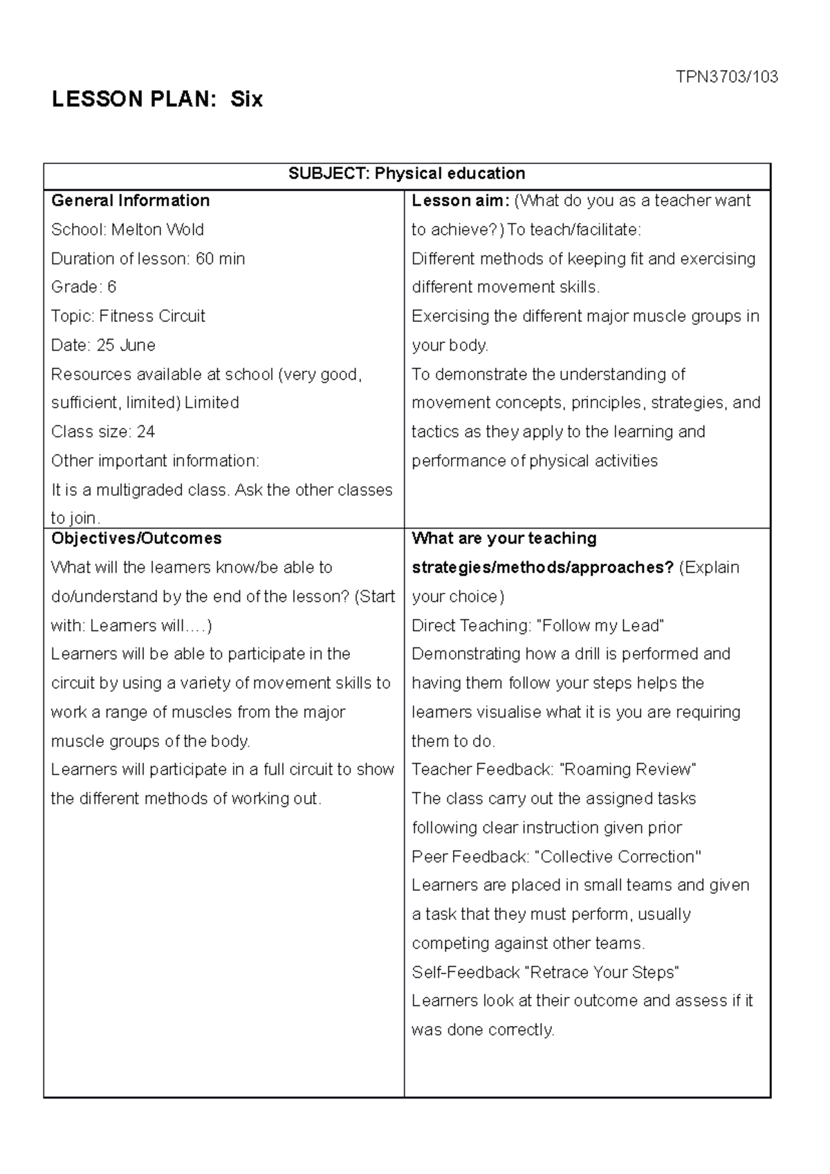 Les 6 Lesson Plan - LESSON PLAN: Six SUBJECT: Physical education ...
