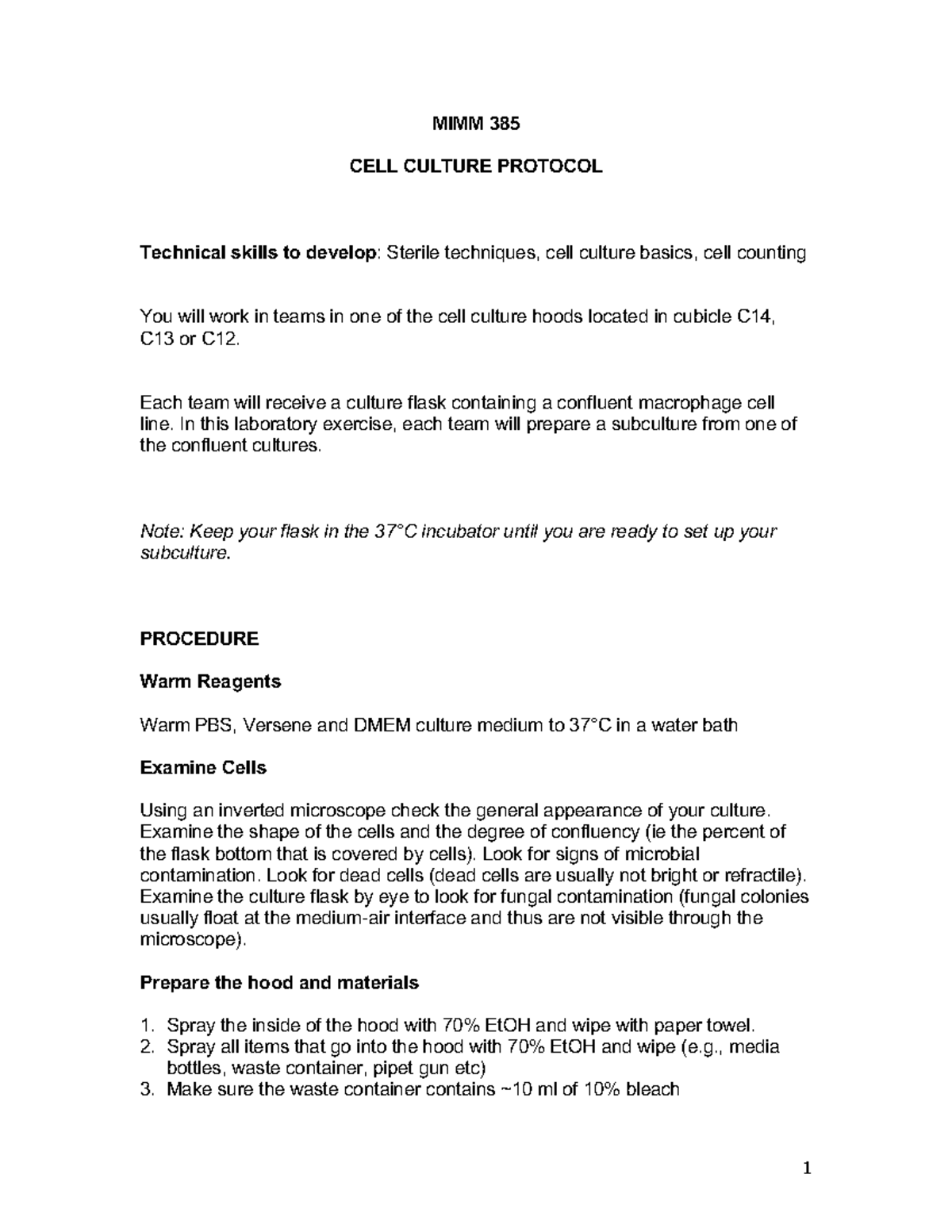 CC protocol - MIMM 385 CELL CULTURE PROTOCOL Technical skills to ...
