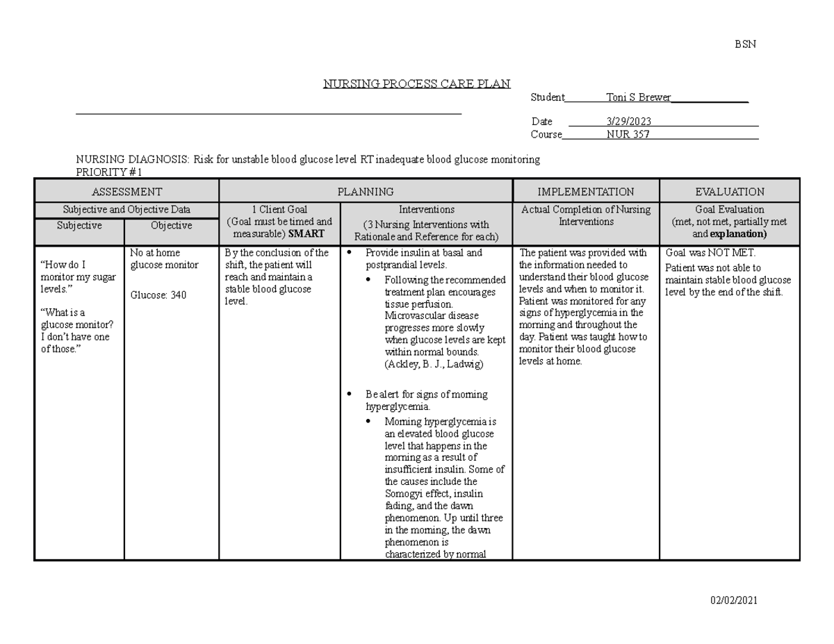 Care Plan #3 - Care plan med surg - BSN NURSING PROCESS CARE PLAN ...