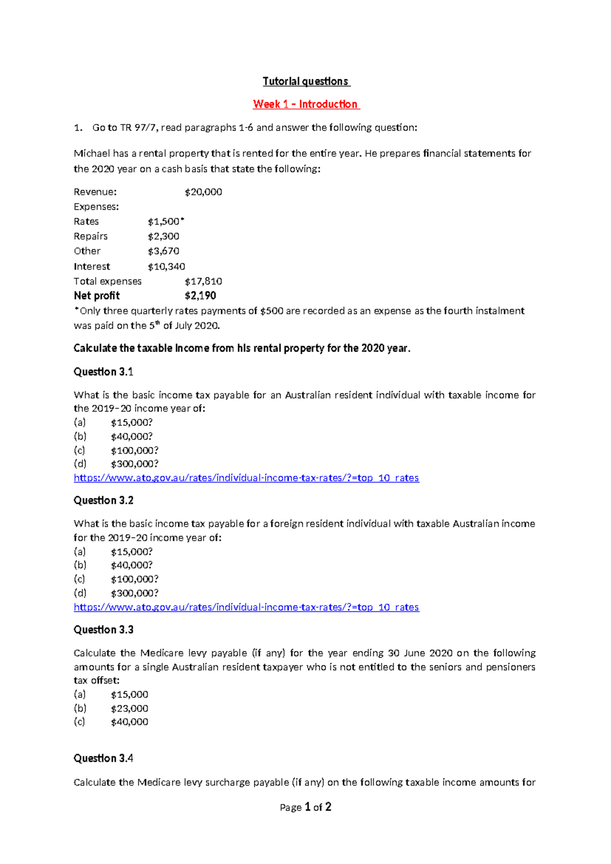 Tutorial questions S1 - Practice materials for session 1 - Tutorial ...