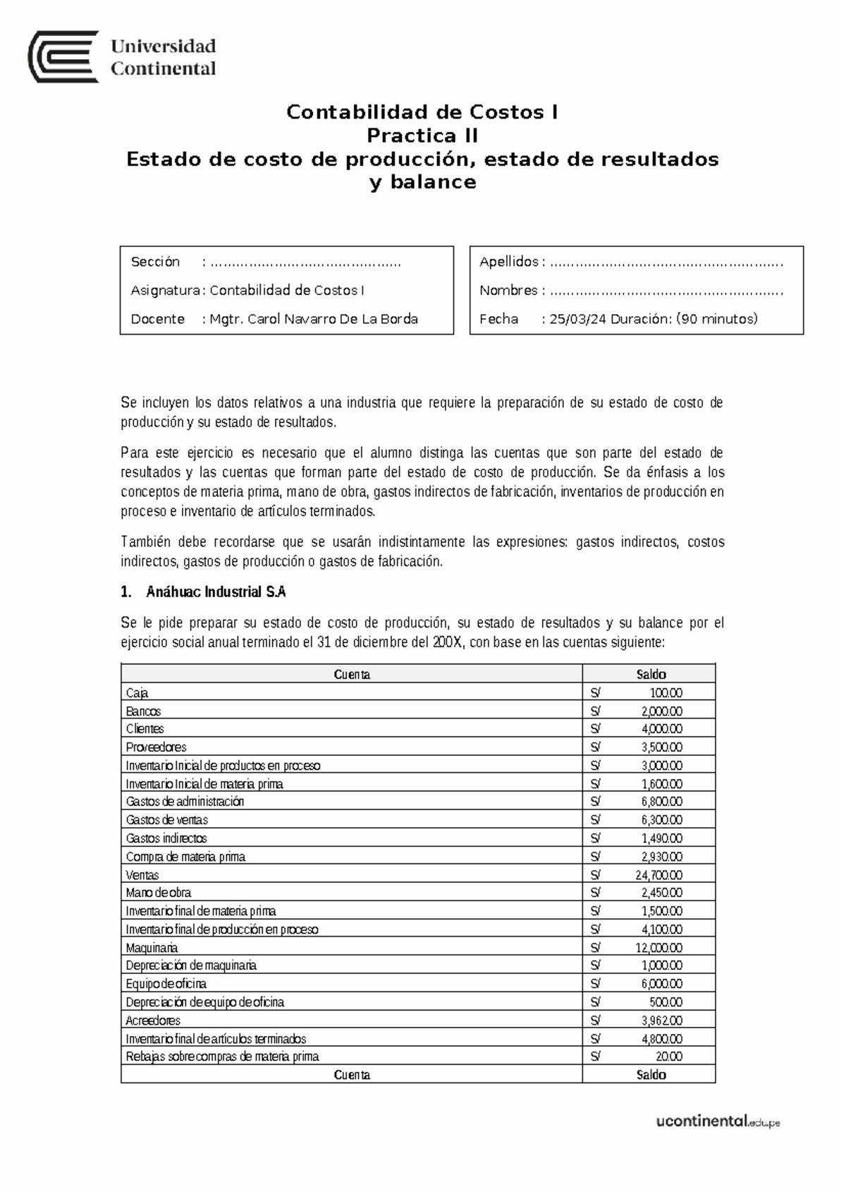 Practica II Estado DE Costos - Contabilidad de Costos I Practica II Estado de costo de ...
